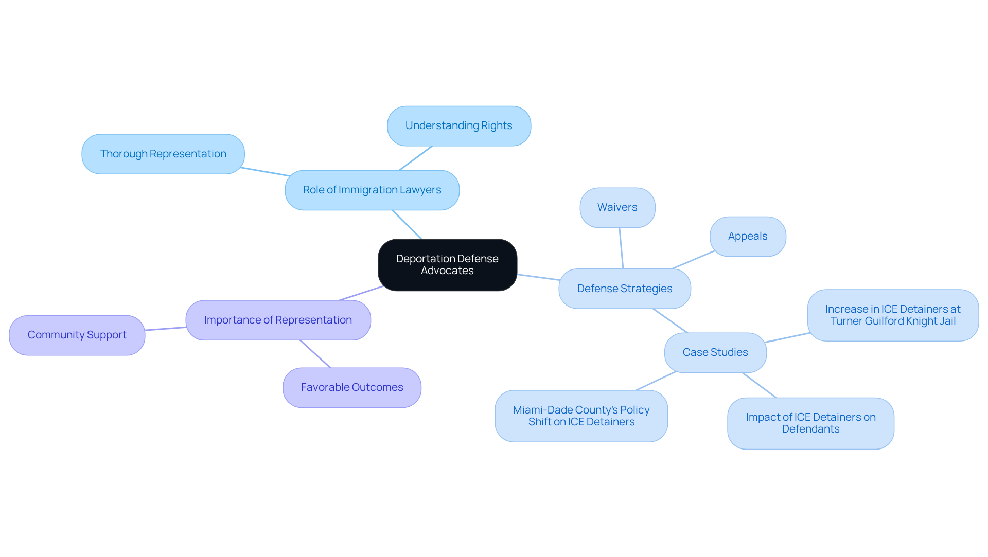 The center represents the main theme of deportation defense, with branches showing the various aspects of advocacy, strategies, and the importance of having legal support during removal proceedings.