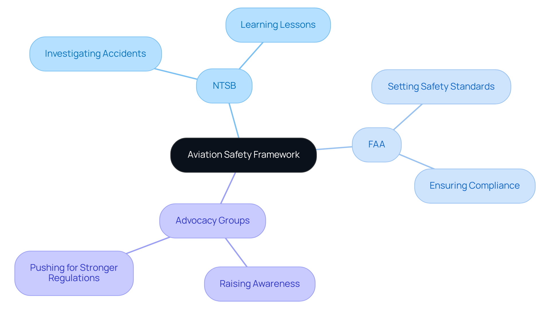 This mindmap illustrates the interconnected roles of organizations in aviation safety. Start at the center with the main theme, then explore how each organization contributes to safety and advocacy efforts. Each branch represents a different aspect of aviation safety, showing how they work together to protect travelers.