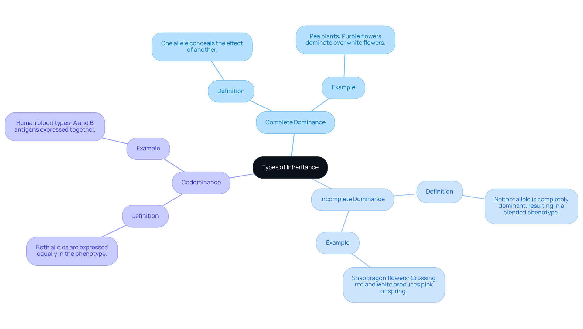 The central node represents the main topic of inheritance types, while the branches show the different patterns and their characteristics. Each color-coded branch helps distinguish between the types, making it easier to understand their unique features.