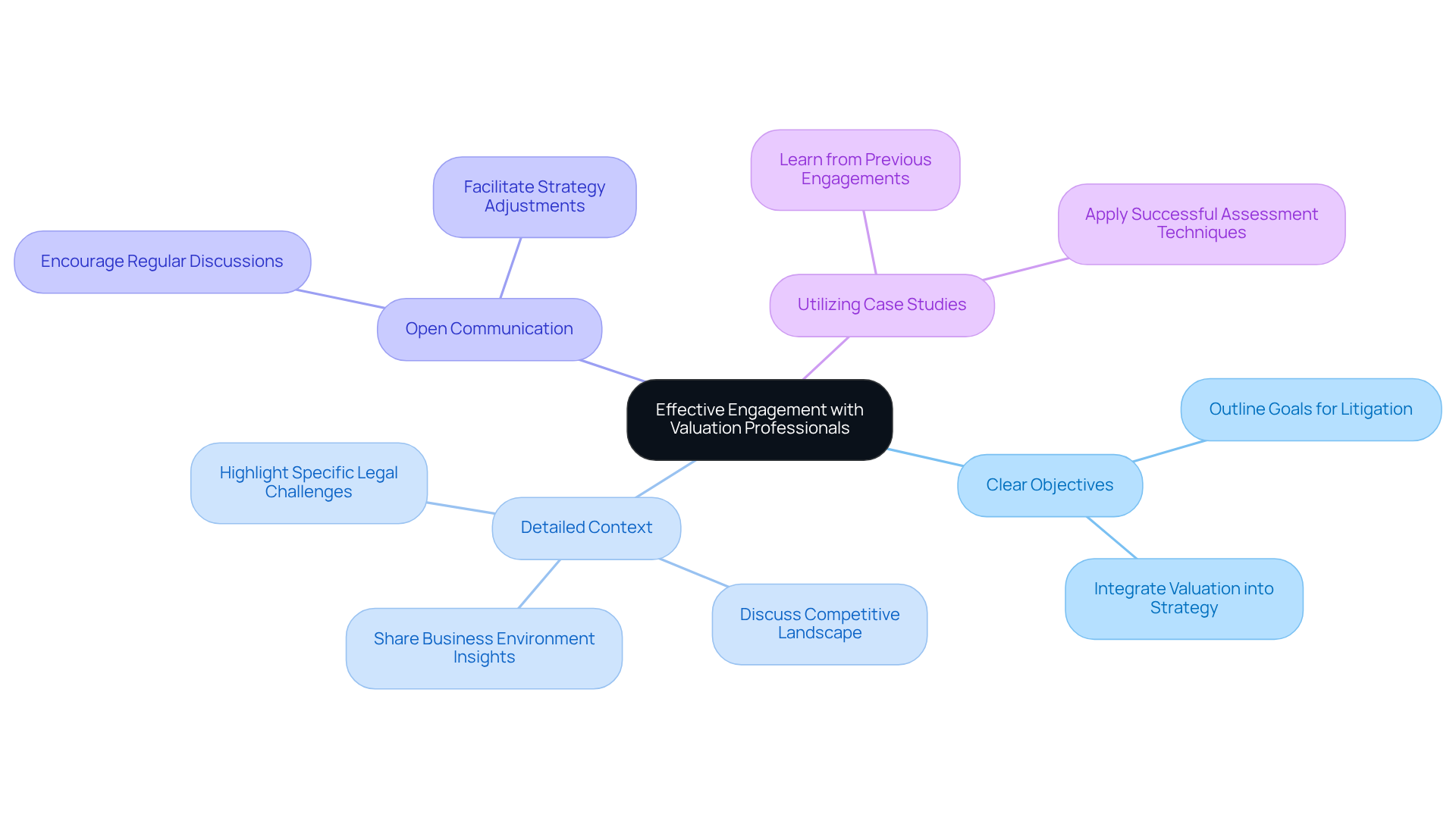 This mindmap illustrates how tech CEOs can effectively engage with valuation professionals. Start at the center with the main theme, then explore each branch to discover best practices and insights that can lead to optimal outcomes in legal matters. This mindmap illustrates how tech CEOs can effectively engage with valuation professionals. Start at the center with the main theme, then explore each branch to discover best practices and insights that can lead to optimal outcomes in legal matters.