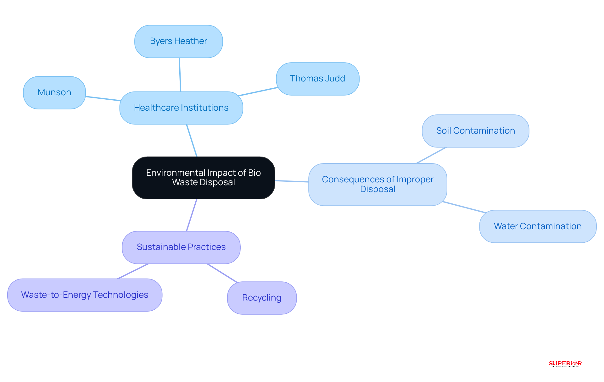 The central node represents the main topic, while branches show related ideas and institutions. Each color-coded branch helps you see how different aspects connect to the environmental impact of bio waste disposal.