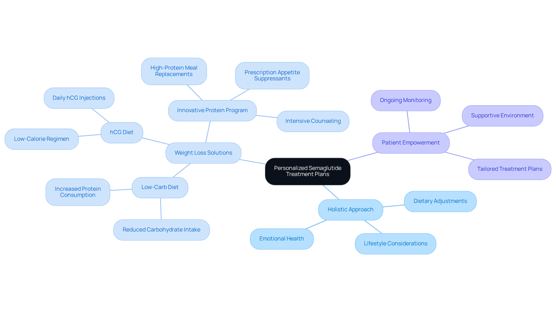 This mindmap illustrates how personalized treatment plans are structured. The center represents the main focus, while branches show different aspects like holistic care and specific weight loss programs. Each branch highlights how these elements contribute to a tailored health journey.