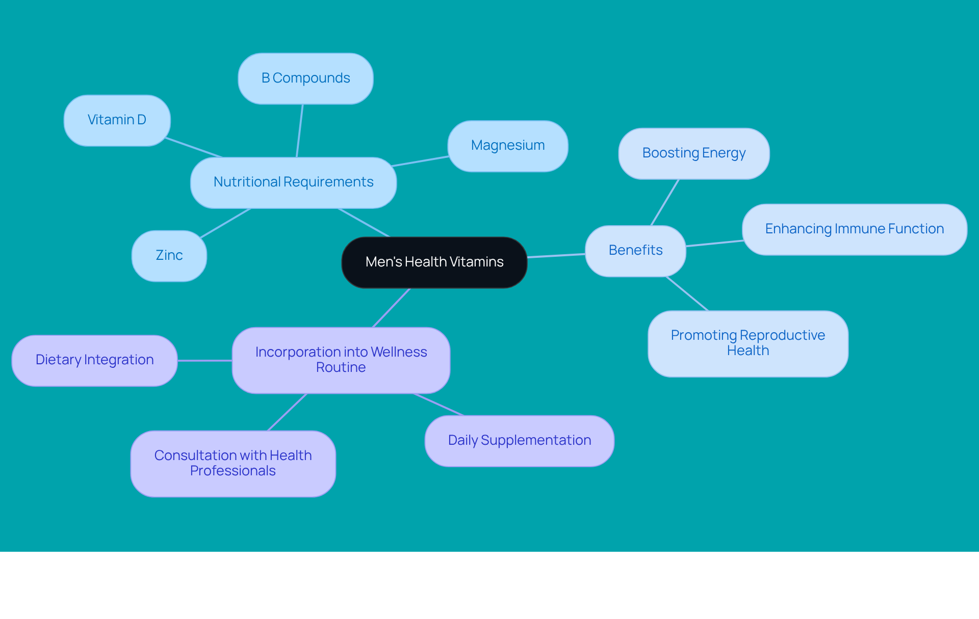 The central node represents men's health vitamins, while the branches show their specific benefits and how they fit into a wellness routine. Each color-coded branch helps you see the connections and importance of these vitamins in a man's diet.