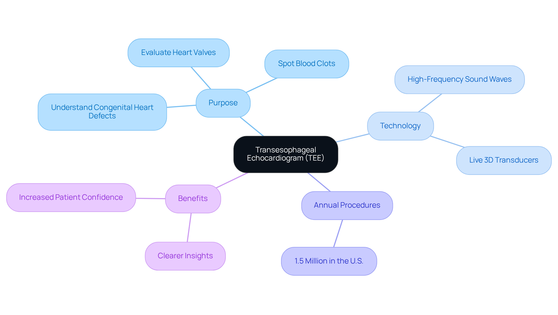 This mindmap starts with TEE at the center, branching out to show its purpose, technology, and benefits. Each branch highlights important aspects of TEE, helping you see how they connect and why TEE is crucial for heart health.