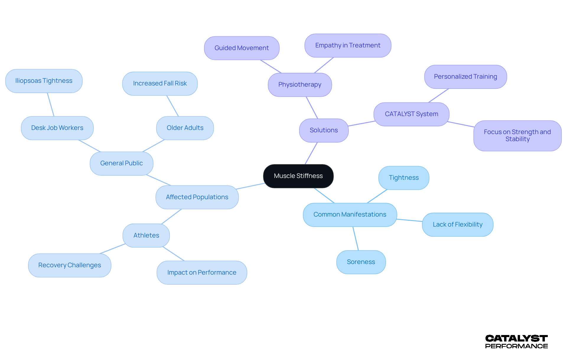 The center represents muscle stiffness, with branches showing symptoms, who it affects, and how to address it. Each color-coded branch helps you see the connections and importance of tackling this issue.