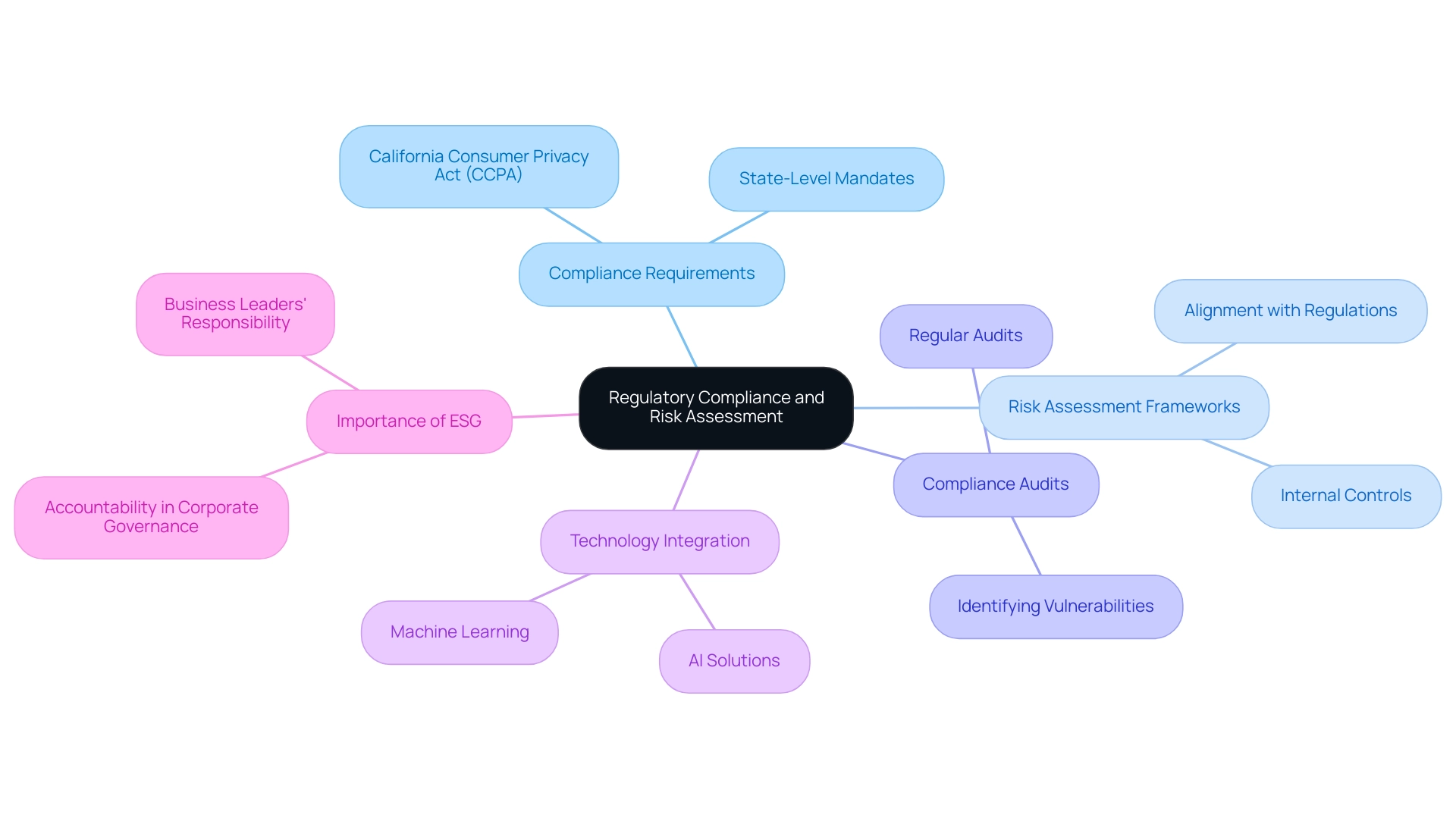 Central node represents the core theme, with branches showing key aspects of regulatory compliance and their relationships to risk assessment practices.