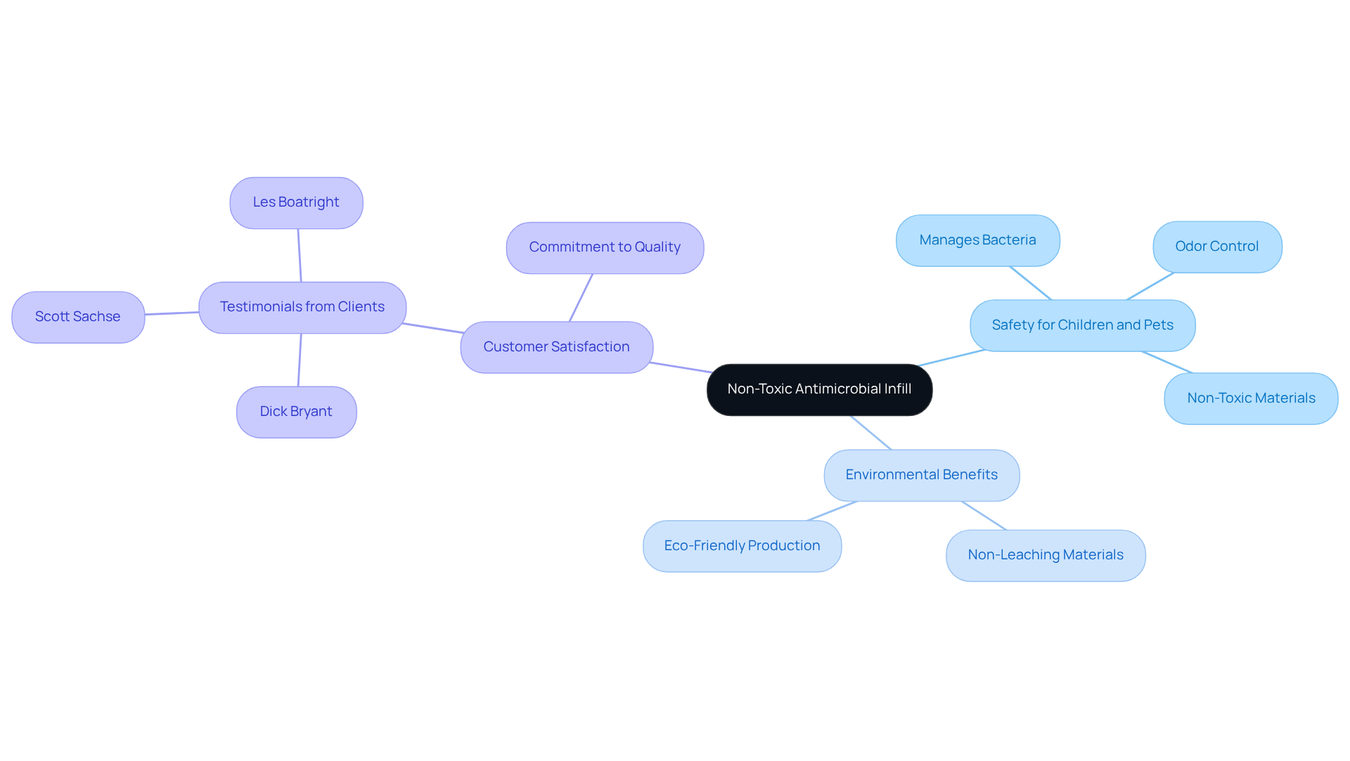 The center represents the main topic, and the branches show related benefits. Each color-coded branch helps you quickly identify key areas of focus, making it easy to understand the advantages of choosing non-toxic materials.