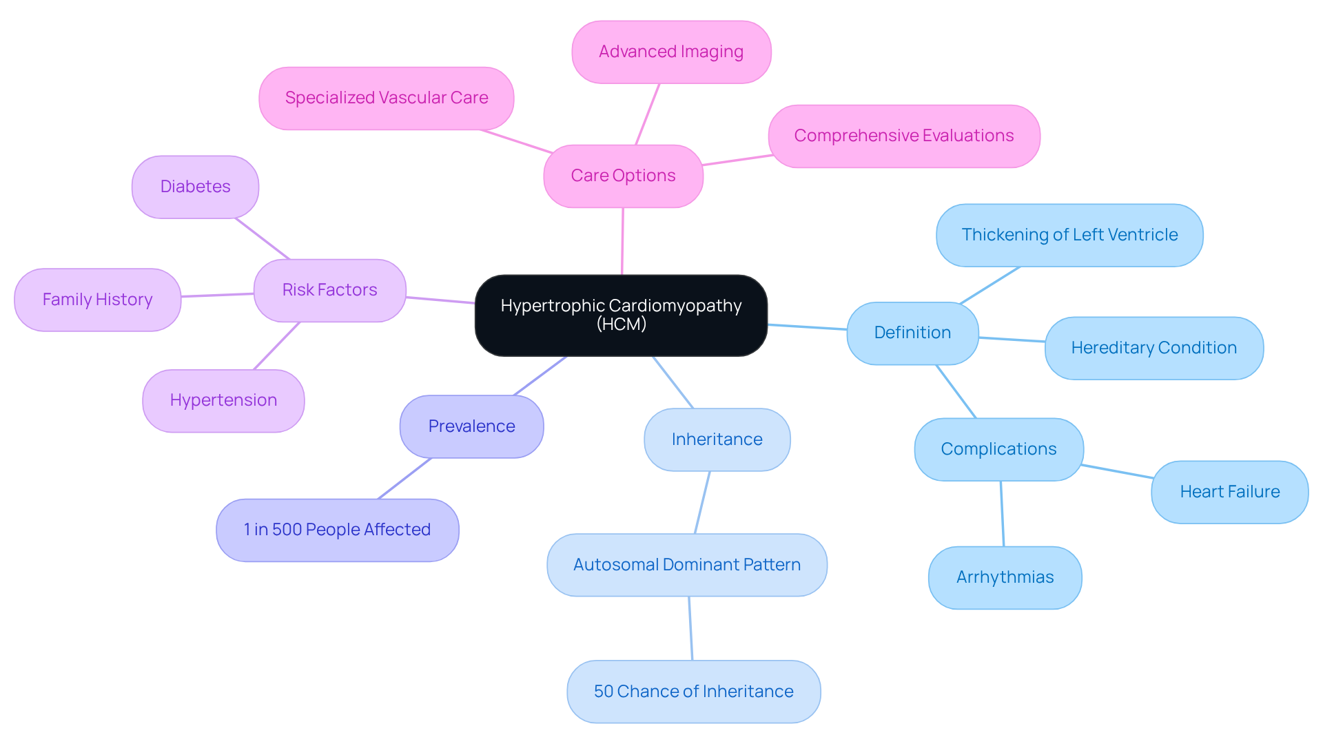 The central node represents HCM, and each branch shows different aspects of the condition. Follow the branches to explore its definition, how it’s inherited, how common it is, associated risks, and the care options available.