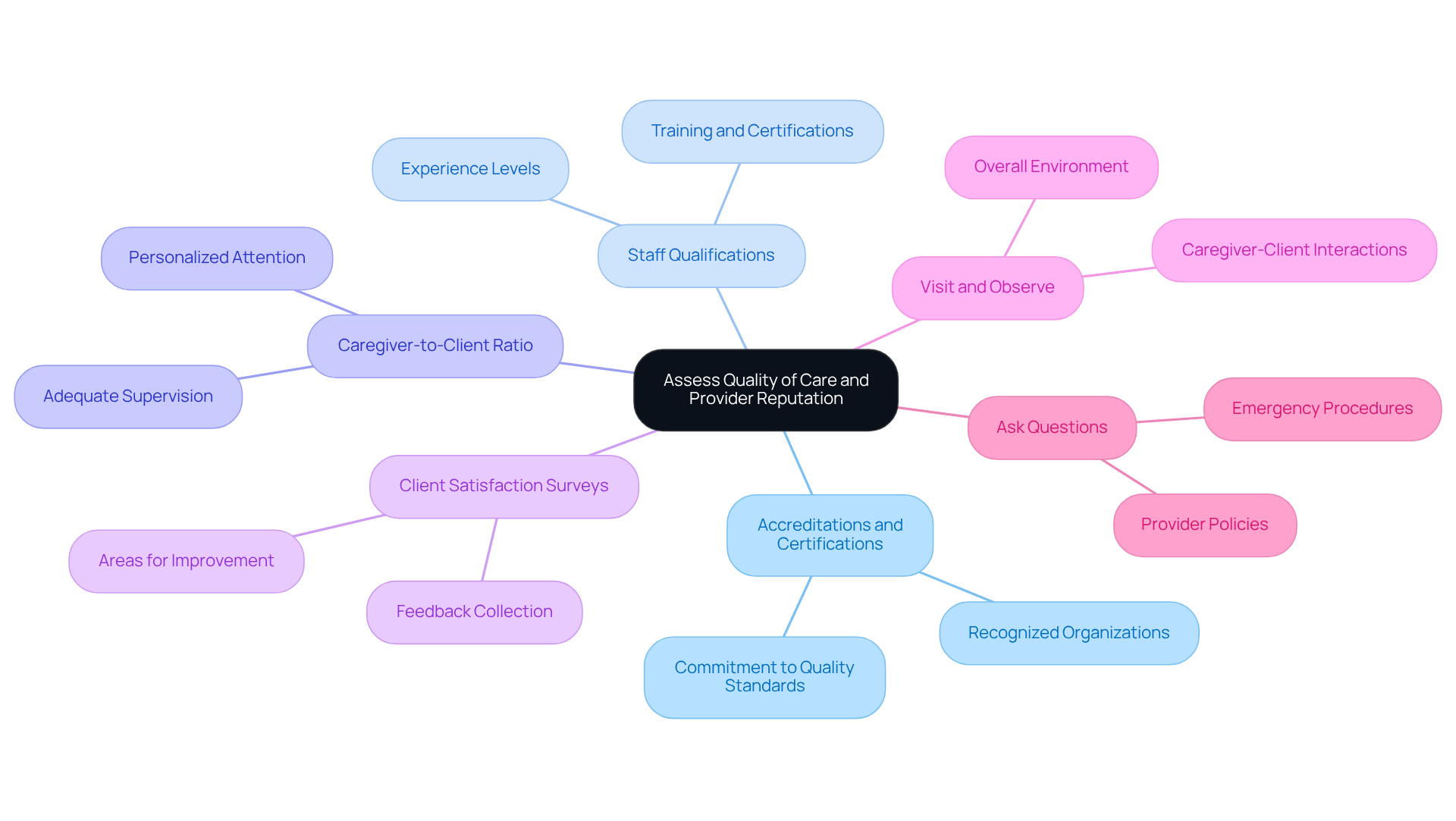 The central idea is how to assess care quality. Each branch represents a key factor to consider — explore each one to understand what to look for when evaluating a provider.