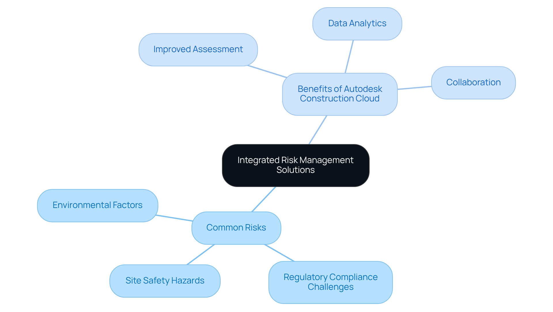 The center represents the main theme of risk management solutions, while the branches show specific risks and the benefits of using Autodesk's platform. Follow the branches to see how risks are addressed and the advantages gained.