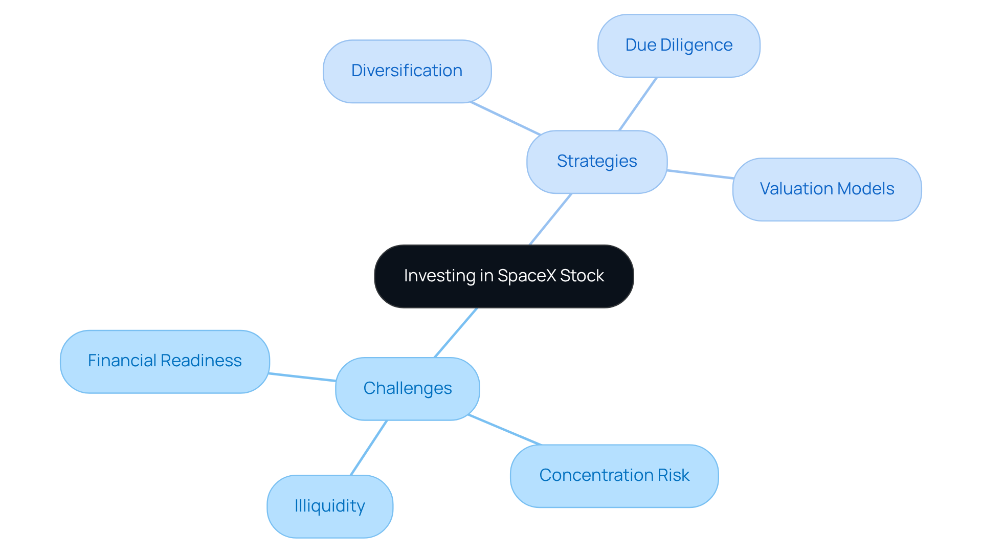 The center represents the main topic of investing in SpaceX. The branches show the key challenges and strategies investors should consider, with further details on specific risks and management approaches. Follow the branches to explore how each aspect relates to the overall investment strategy.