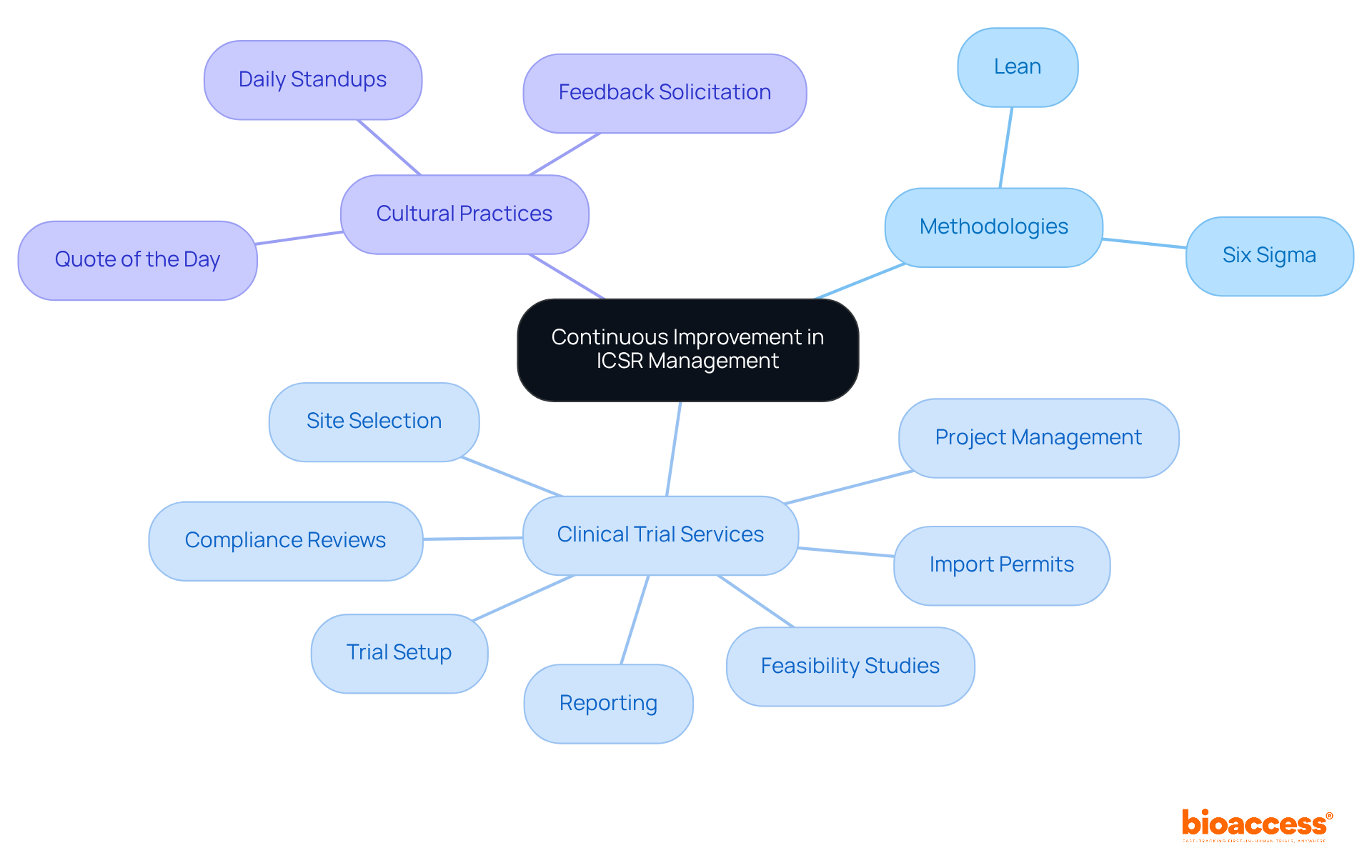 At the center, you'll find the main idea of continuous improvement. Each branch represents a different area related to this concept, showing how methodologies, services, and cultural practices all contribute to enhancing ICSR management.