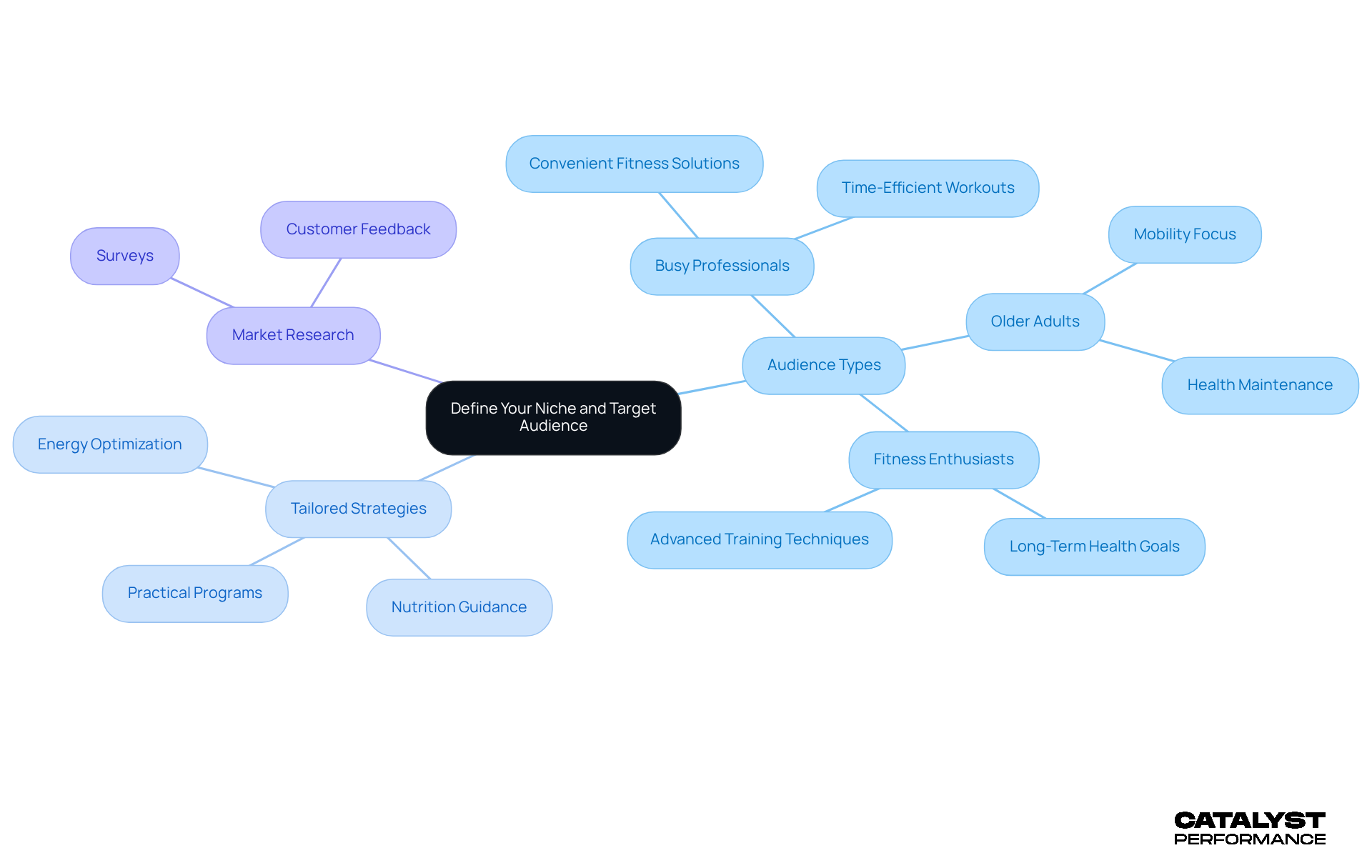 The central node represents the main focus of defining your niche. Each branch shows different audience types and strategies, helping you see how to connect with and serve your clients better.