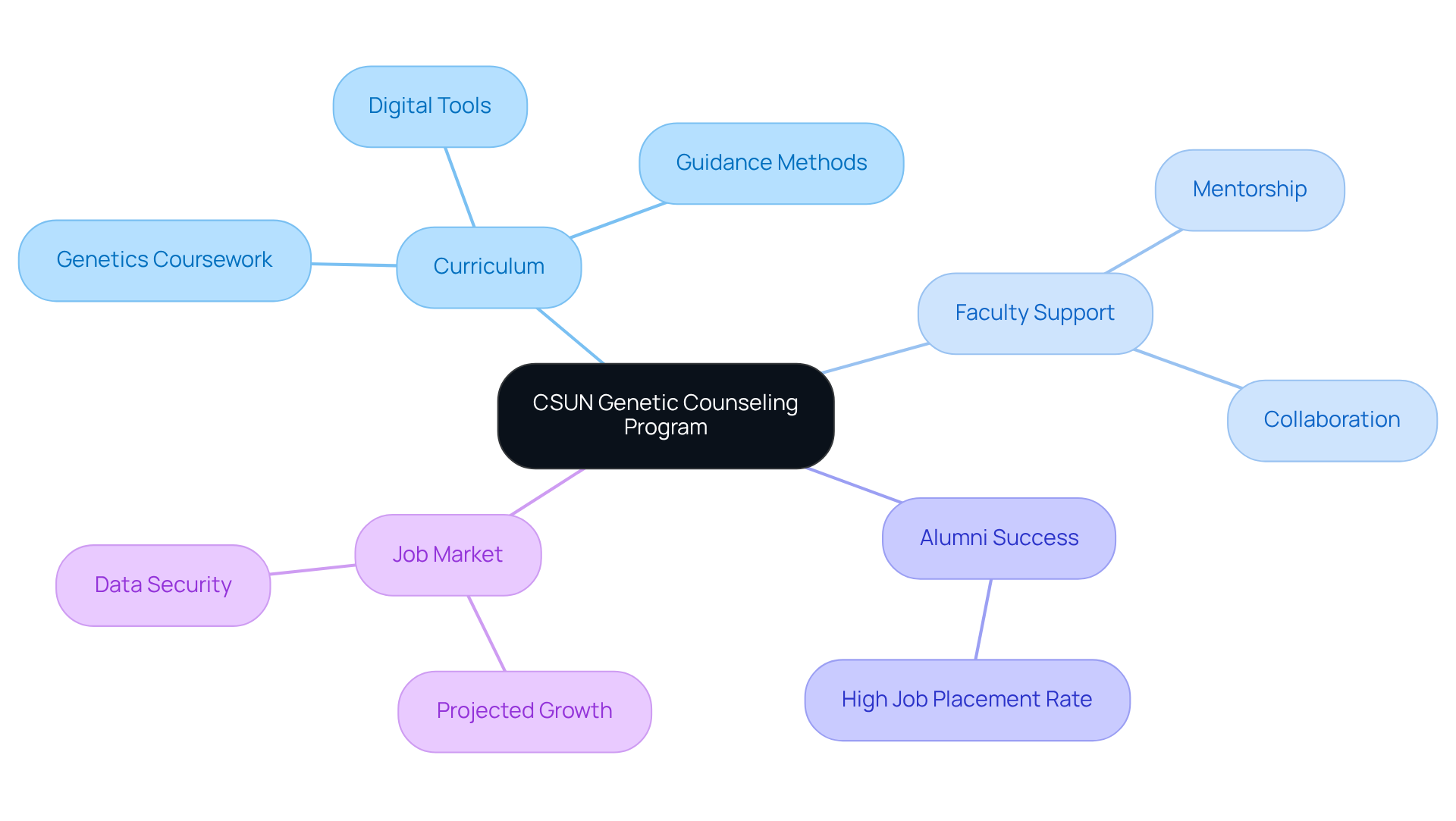 The central node represents the program, with branches showing different aspects like curriculum and job market. Each sub-branch provides more detail, helping you understand how everything connects.