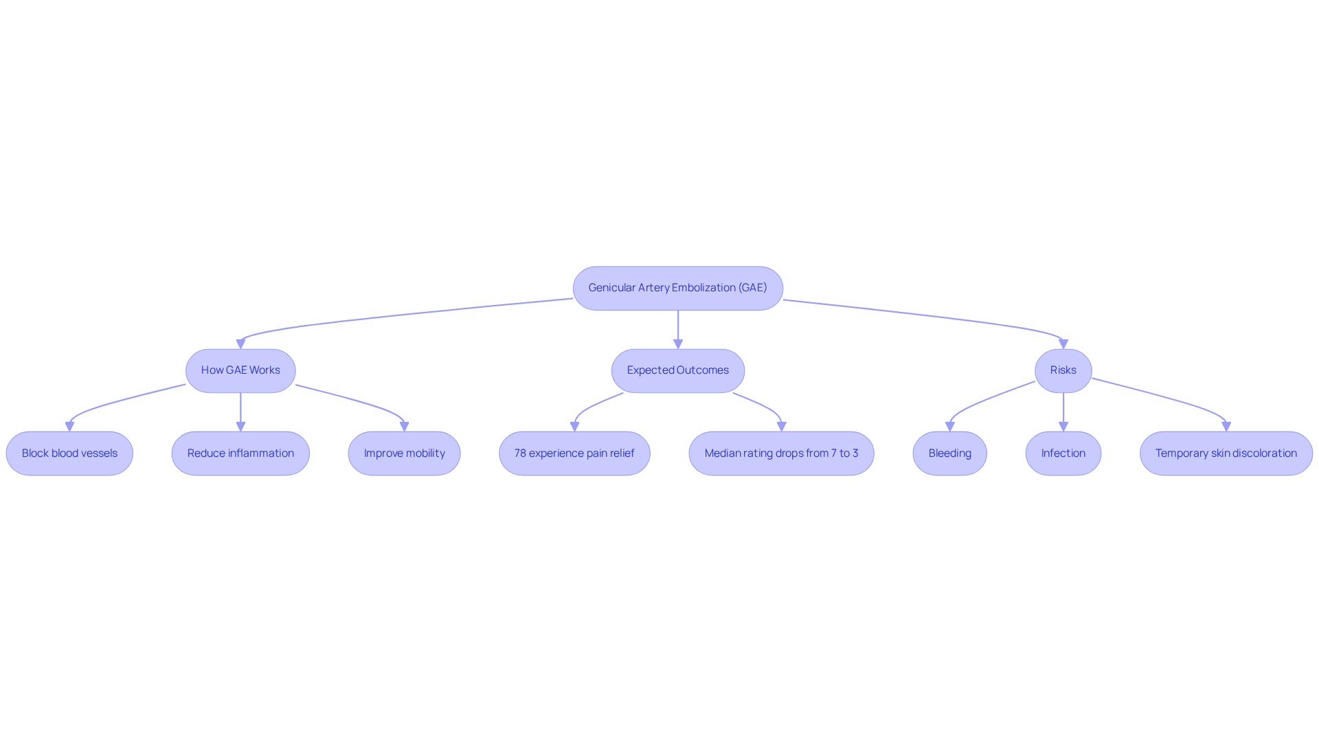 This flowchart outlines the GAE procedure. Start at the top with the procedure name, then follow the arrows to see how it works, what outcomes to expect, and the potential risks involved.