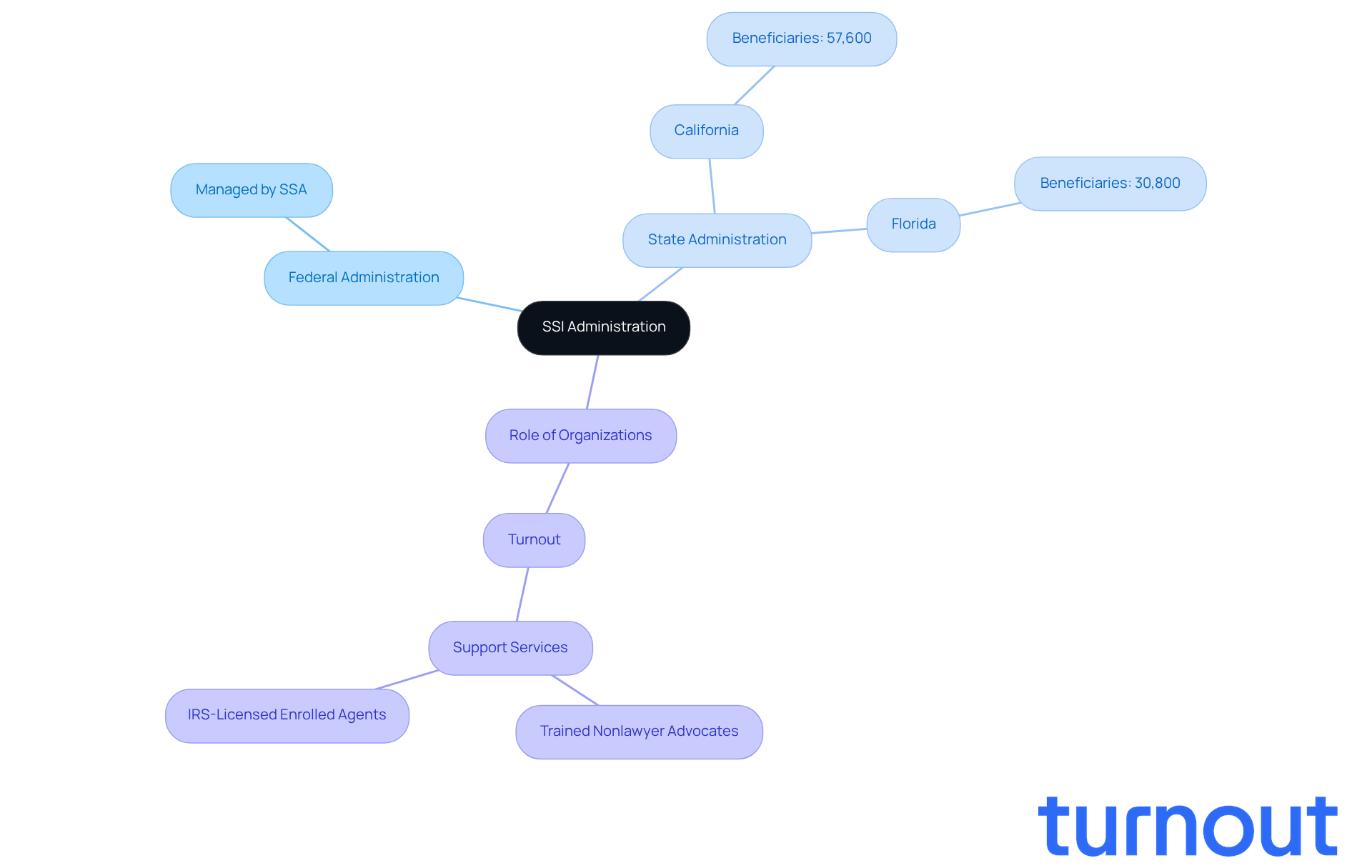 The center represents the SSI program, with branches showing how federal and state administrations differ. Each state branch highlights specific beneficiary numbers, and the organization branch explains how Turnout assists individuals in navigating these complexities.