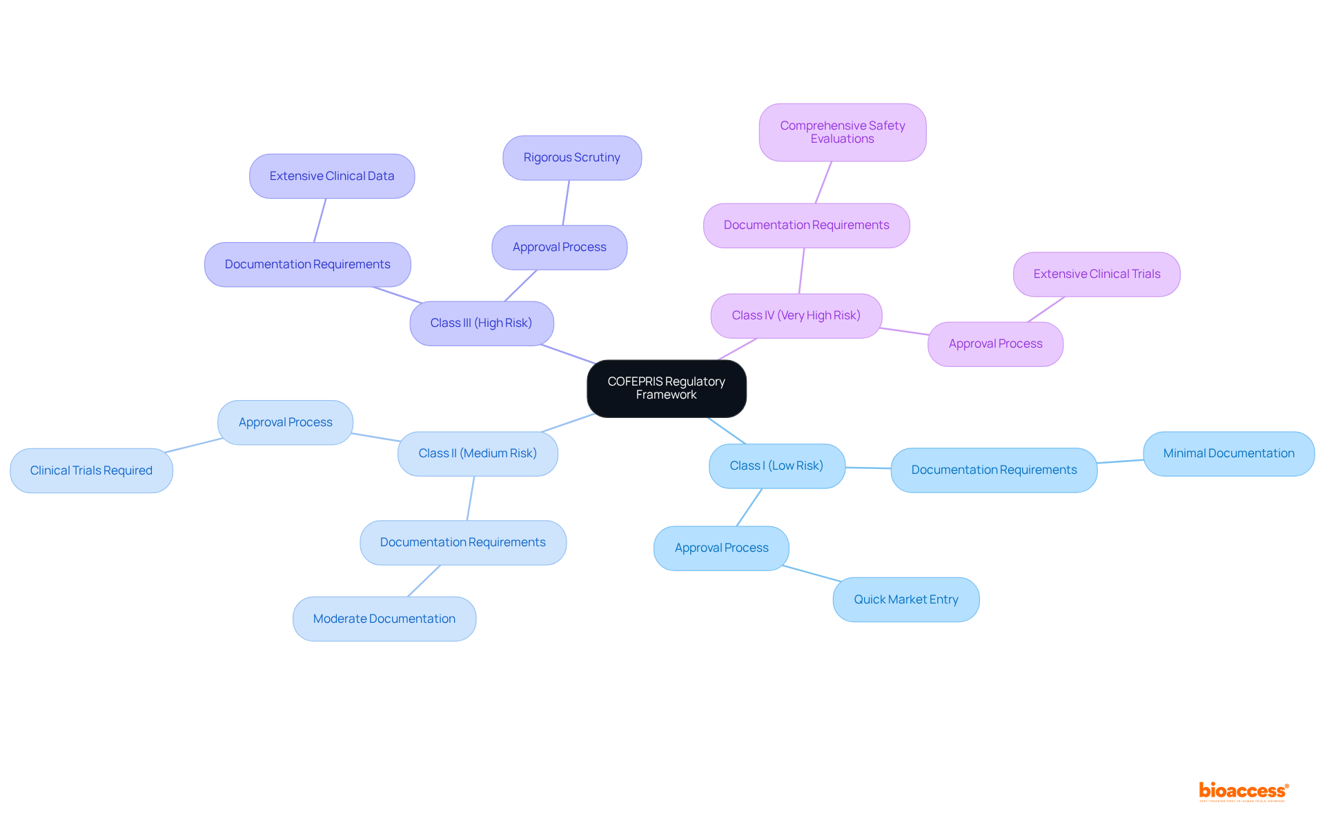 The central node represents the main regulatory framework, while each branch represents a class of medical devices. The notes under each class describe the risk level and documentation needed. Color coding helps distinguish between the classes.