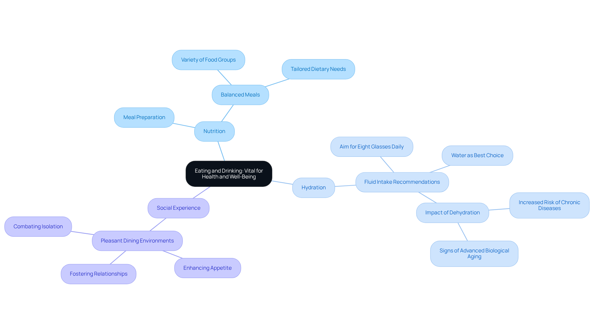 The central node represents the overall theme, while the branches show key areas of focus. Each sub-branch provides specific actions or considerations that caregivers can take to support elderly individuals.