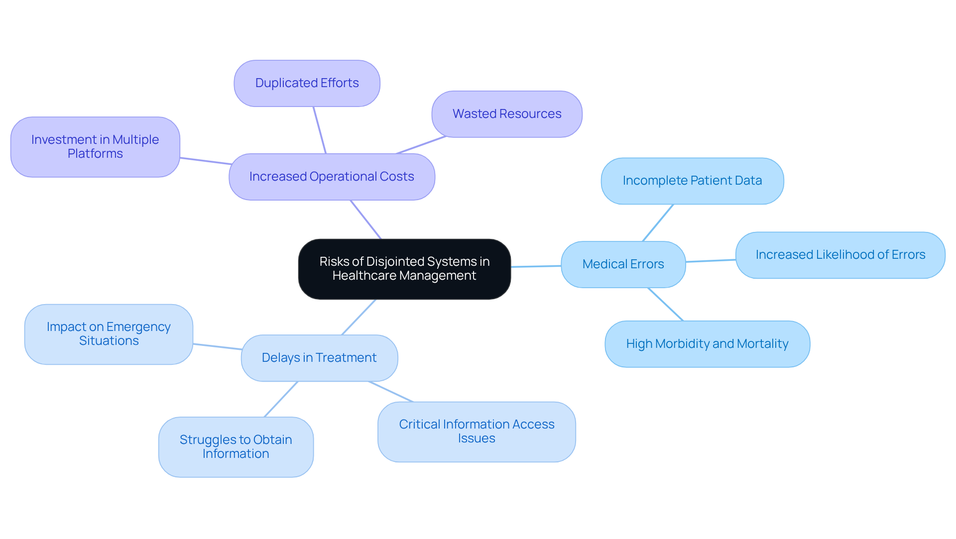 The central node represents the main issue, while the branches show the different risks associated with it. Each sub-branch provides more detail about specific concerns, helping you understand how they relate to the overall problem.