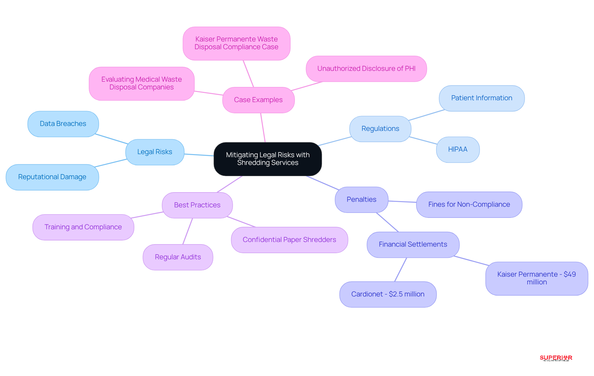 The central node represents the main topic, while the branches show related areas of concern and action. Each color-coded branch helps you see how different aspects connect to the overall theme of legal compliance and risk management.