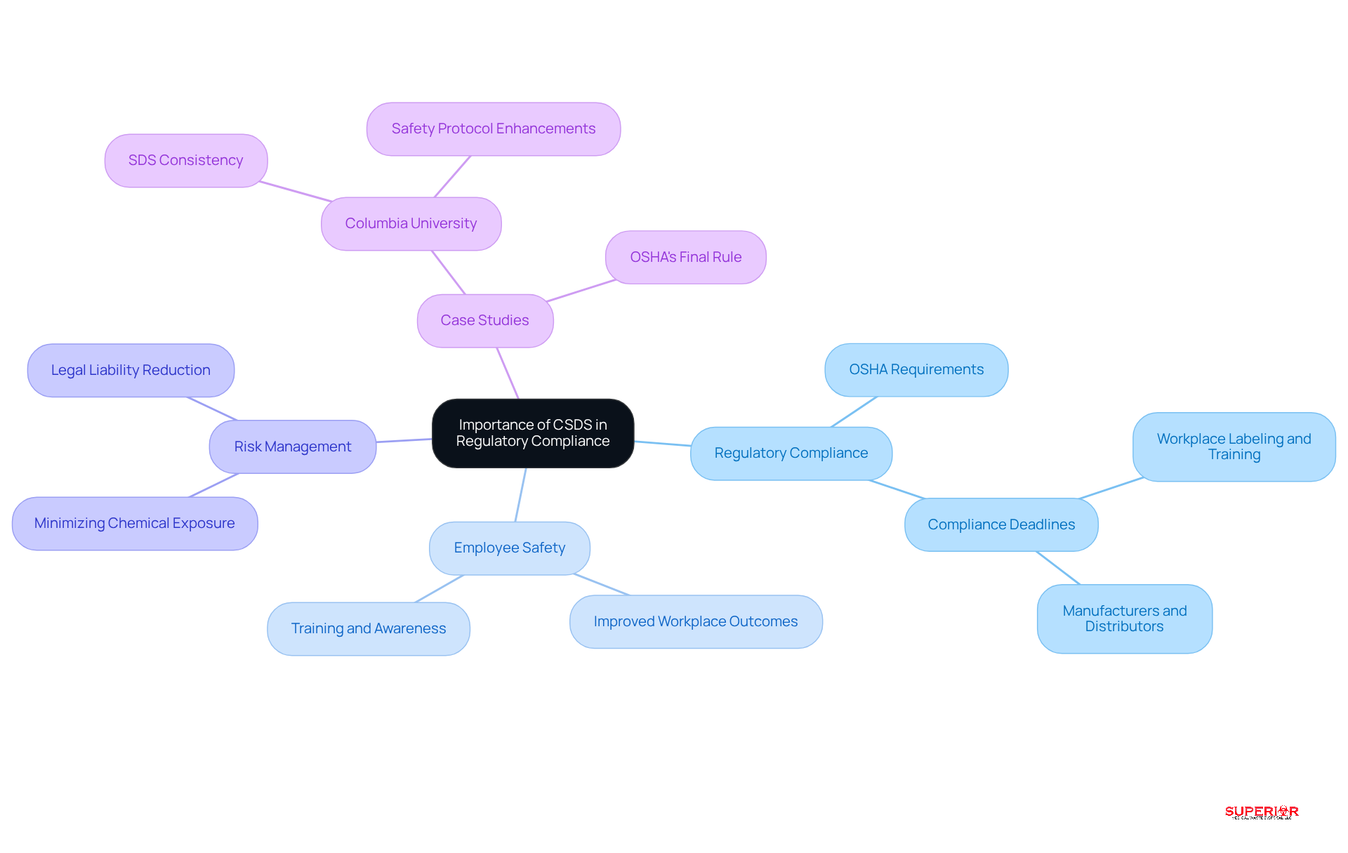 Start at the center with the main idea, then follow the branches to explore how CSDS contributes to safety and compliance in healthcare. Each branch represents a key aspect, and the sub-branches provide more detailed information.