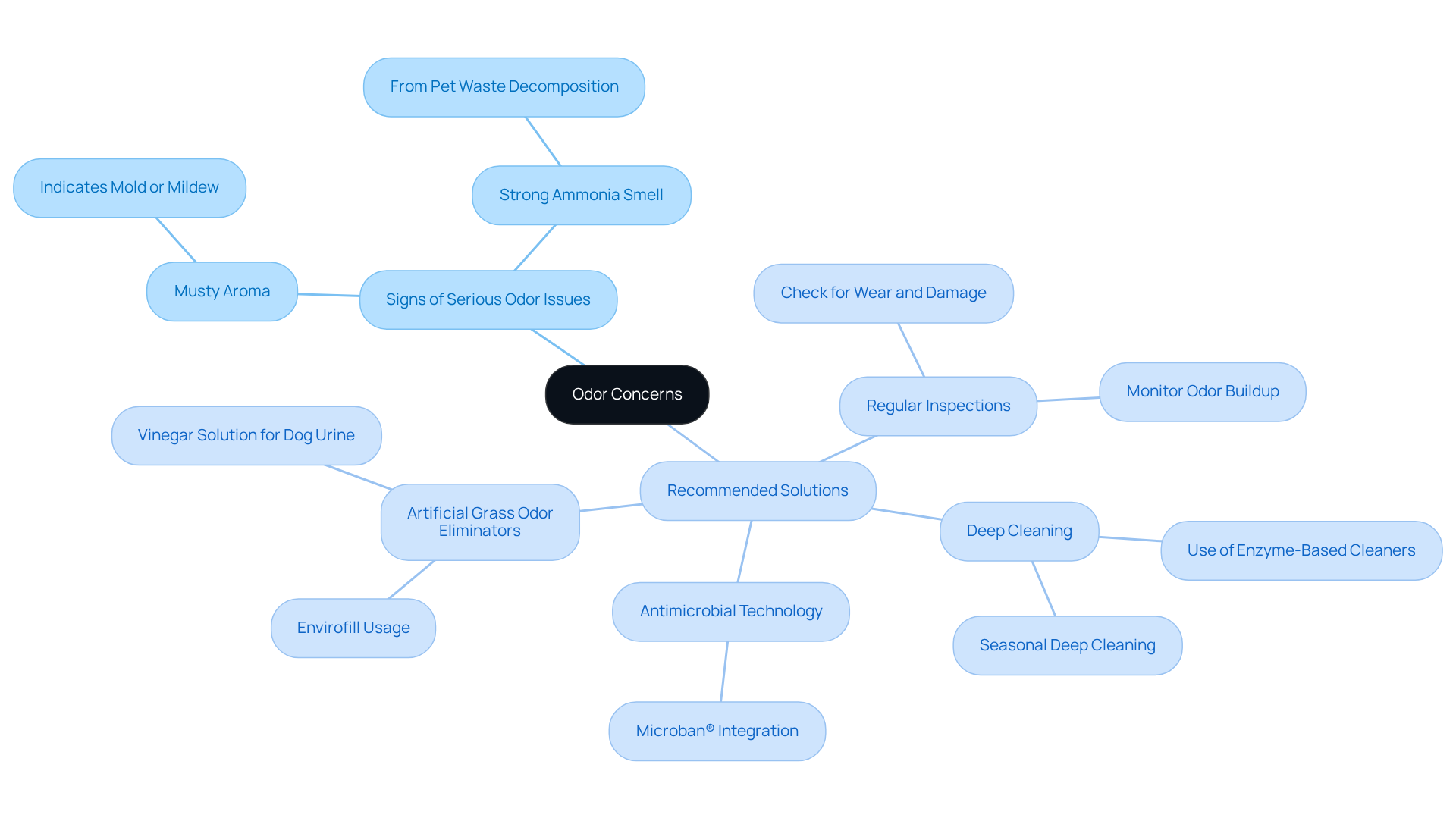 This mindmap helps you see the connections between different odor issues and the solutions available. Start at the center with the main topic, then follow the branches to explore specific odors and how to tackle them effectively.