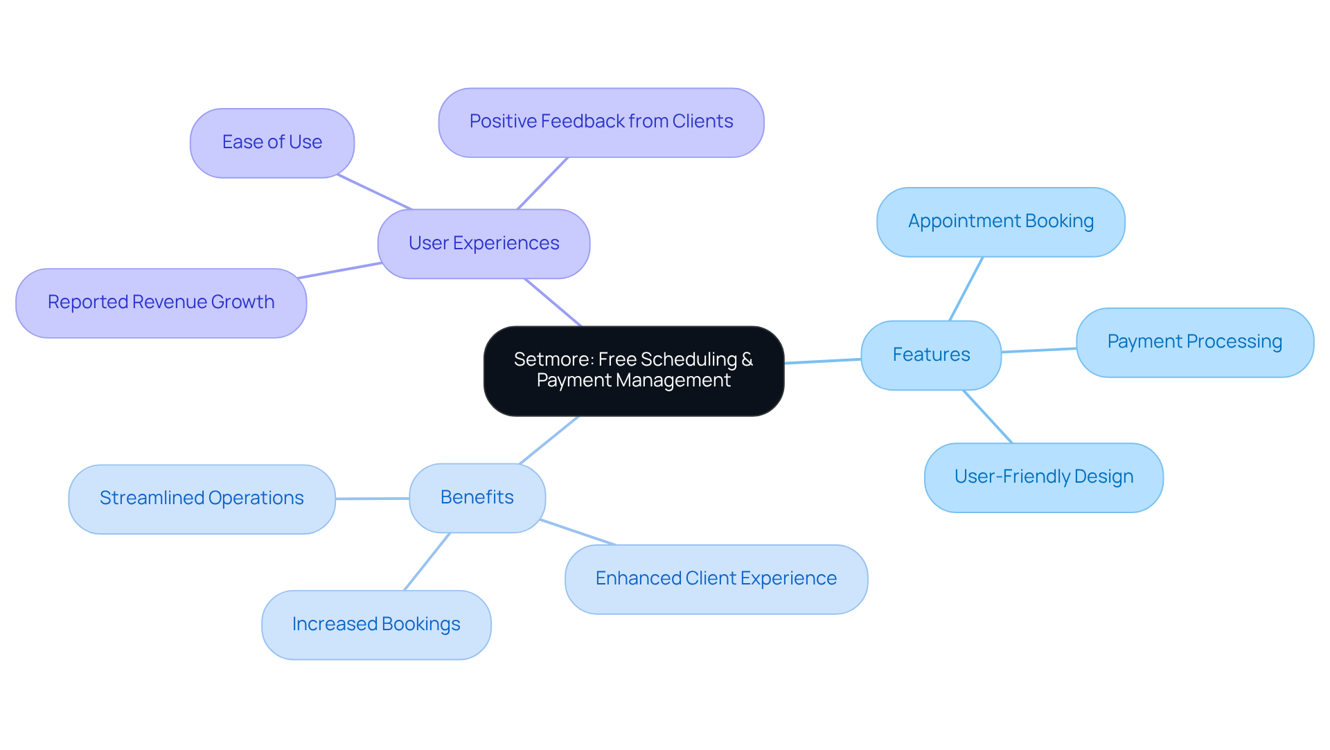 This mindmap illustrates the key features and benefits of Setmore's platform. The central idea is the software itself, with branches showing its functionalities and how they contribute to improved operational success.