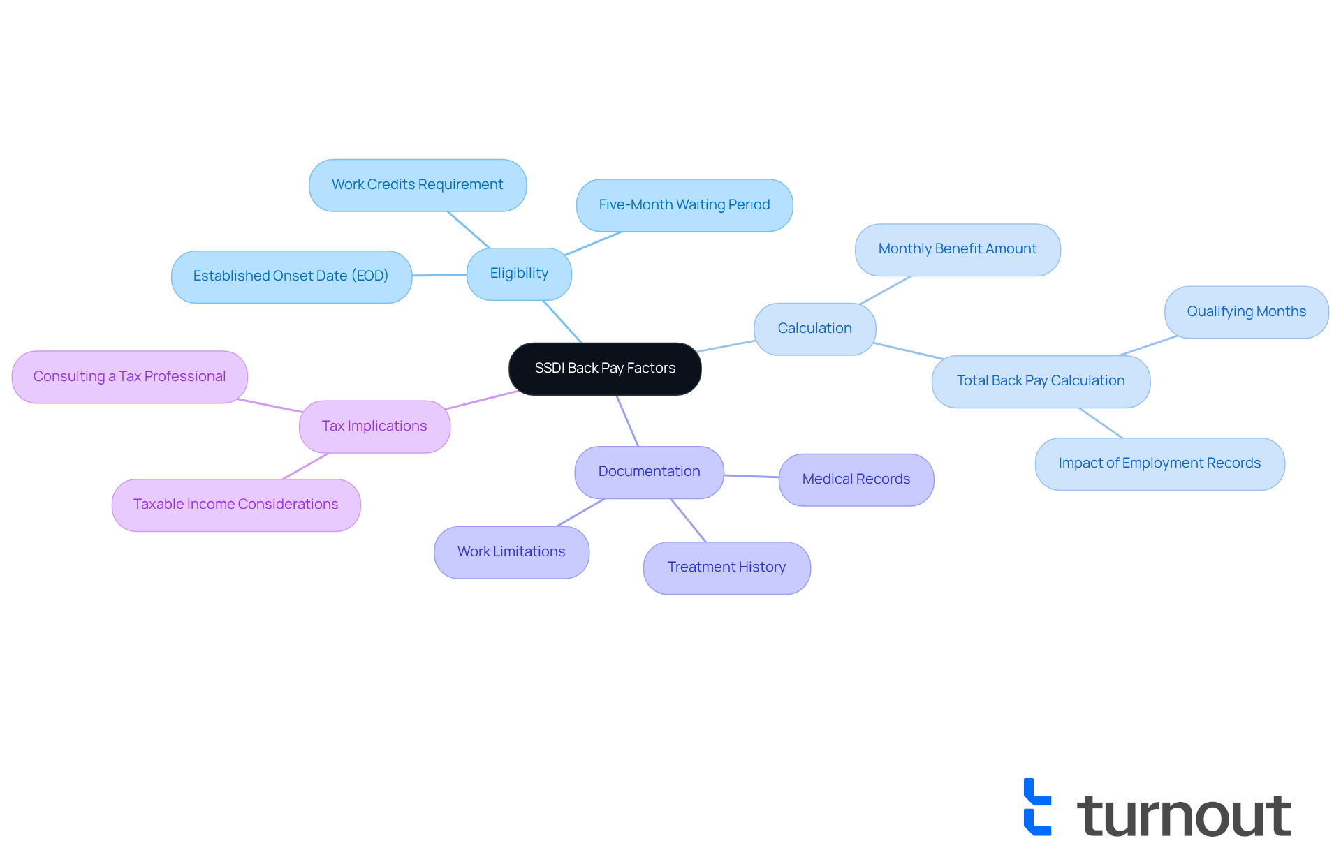 The central node represents the overall topic of SSDI back pay. Each branch shows a major factor influencing back pay, with further details in the sub-branches to help you understand how they connect and affect your benefits.