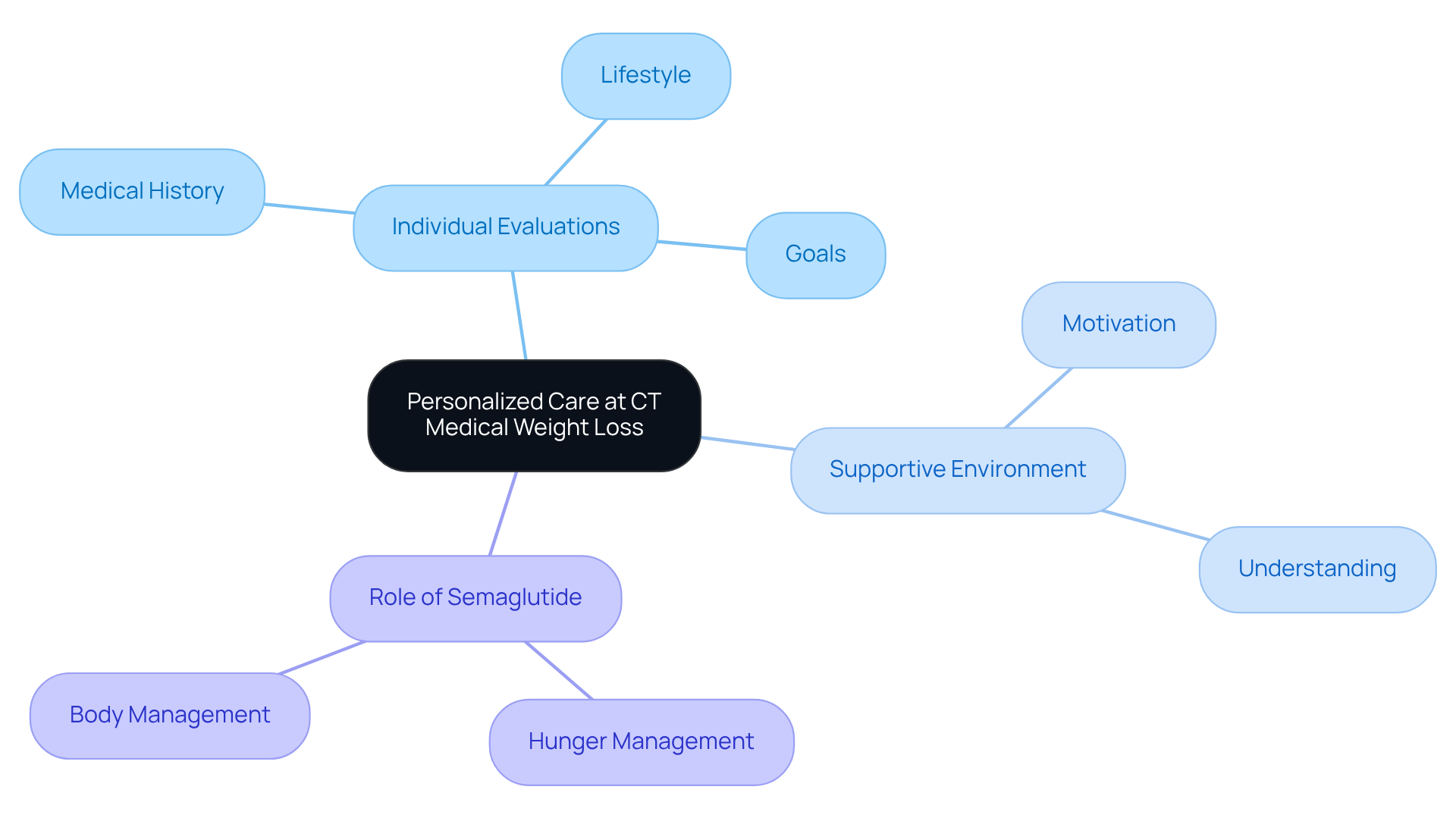 Start at the center with personalized care, then explore how evaluations, support, and medication contribute to successful weight loss journeys.
