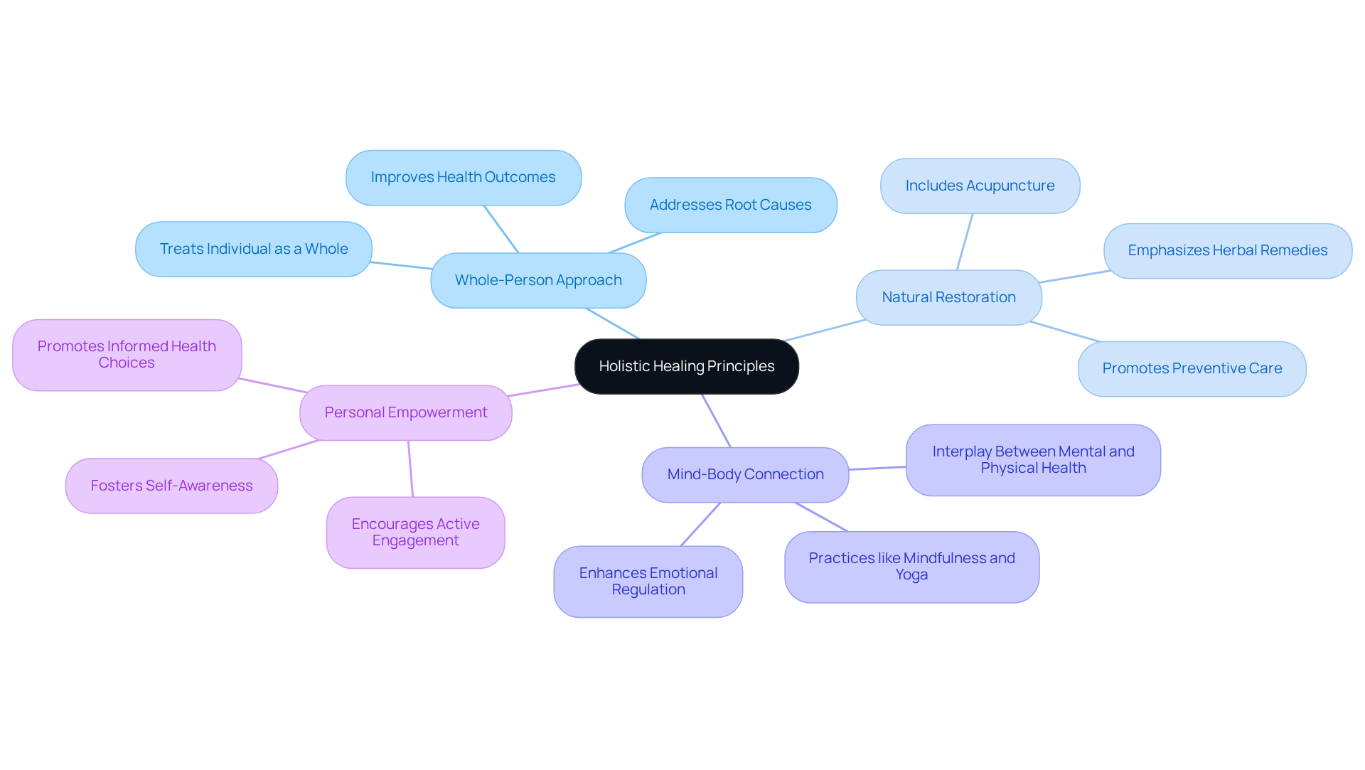 The central node represents holistic healing, while each branch highlights a key principle. Explore each branch to understand how these principles contribute to overall wellness.