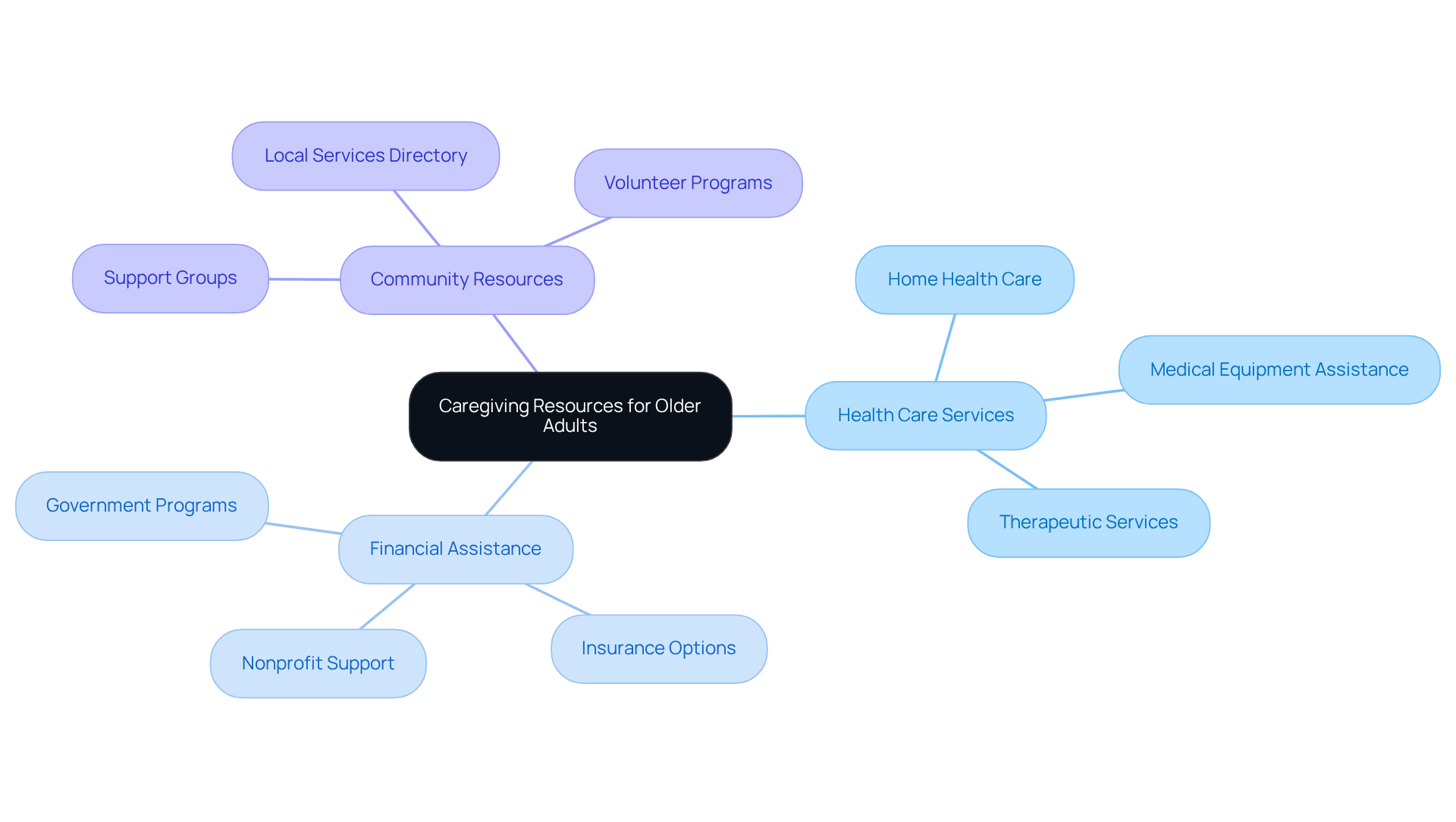 At the center is the core theme of caregiving resources. Each branch represents a different category of support, providing a visual guide to the various resources available for caregivers of older adults.