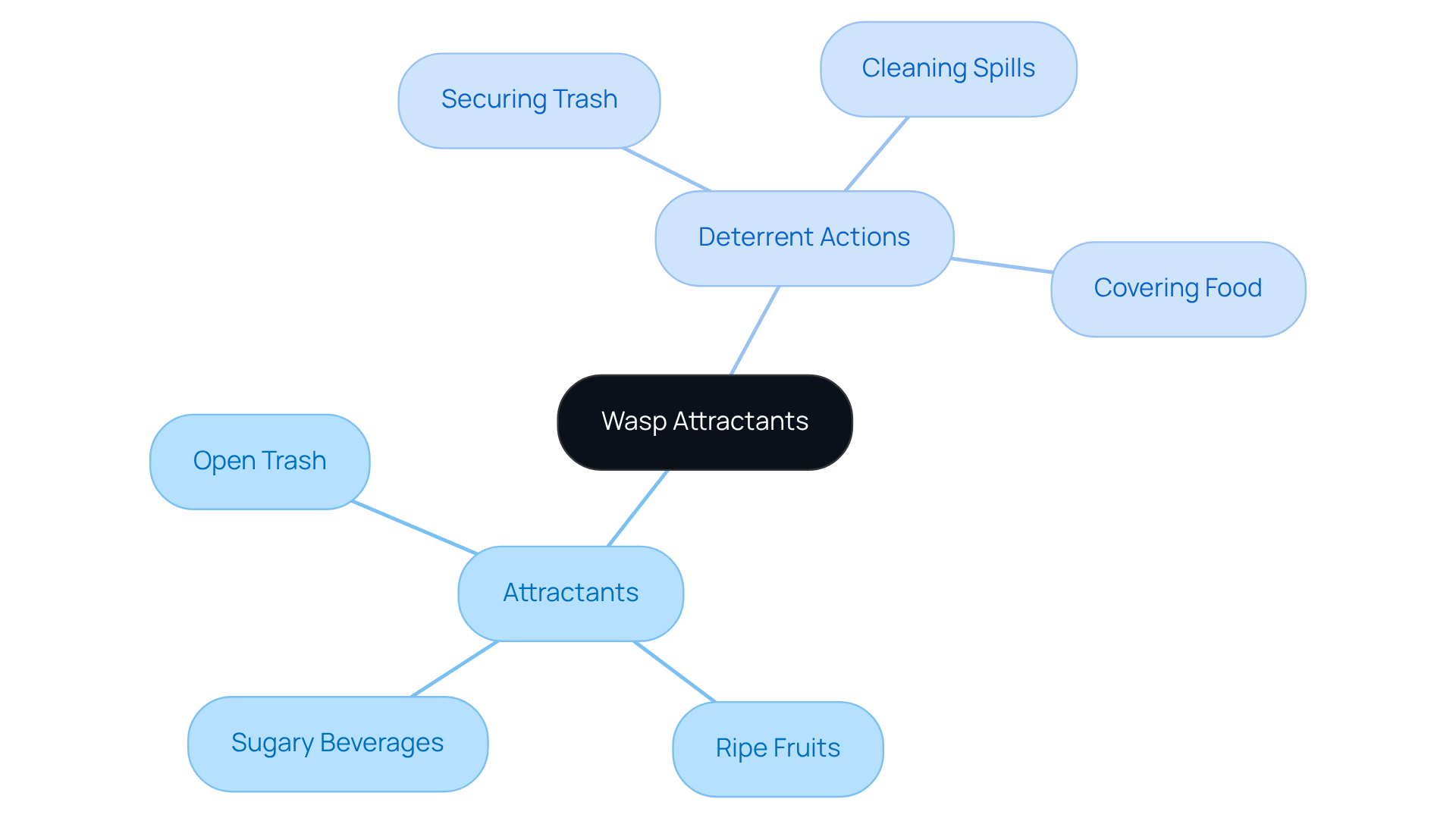 The center shows what attracts wasps, and the branches illustrate how to keep them away. Each attractant leads to actions you can take to enjoy your outdoor space without worry.