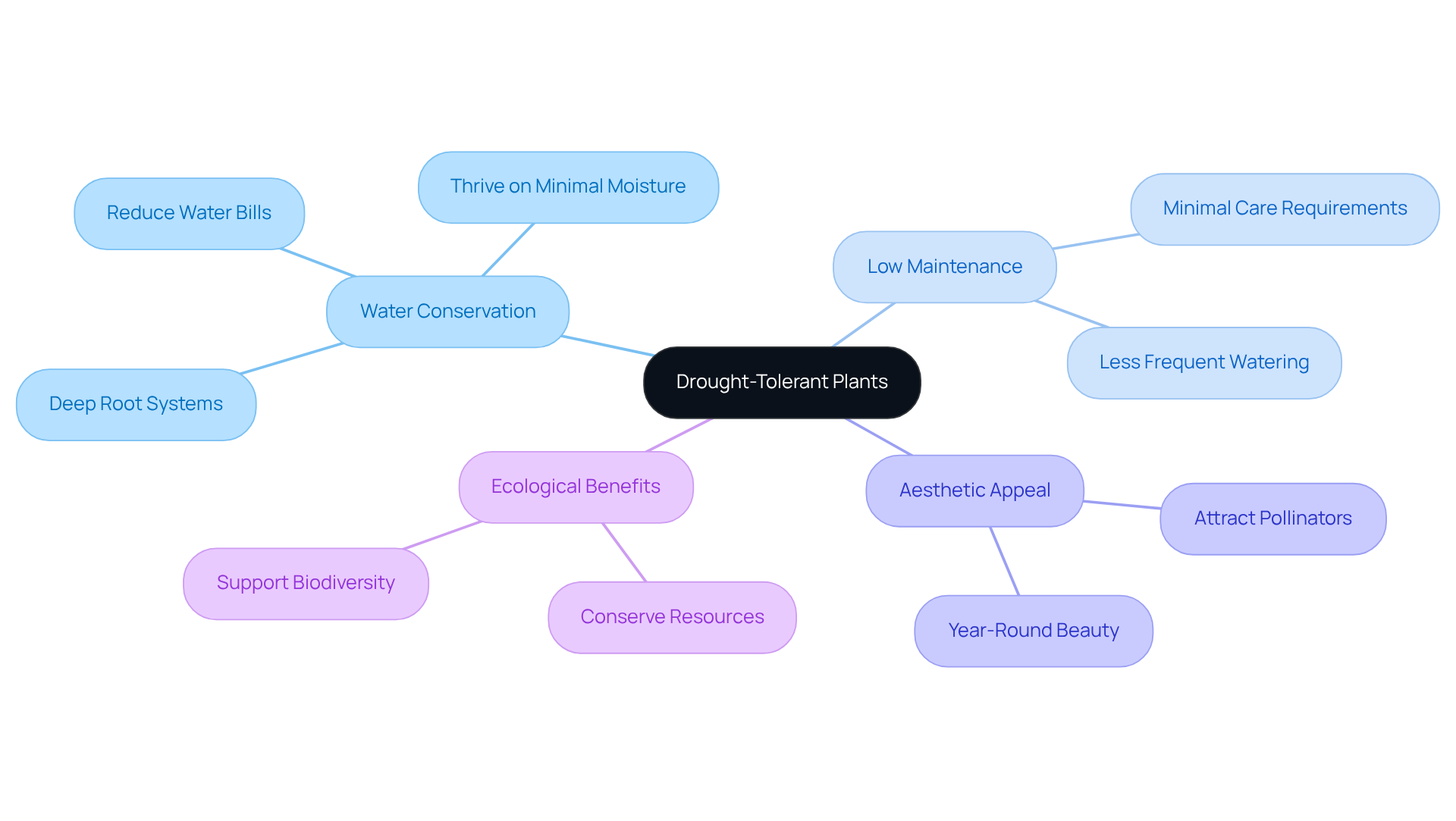 This mindmap starts with the main idea of drought-tolerant plants at the center. Each branch represents a key benefit, and the sub-branches provide more details. It's a great way to see how these plants contribute to sustainable gardening and why they are a smart choice for your garden. This mindmap starts with the main idea of drought-tolerant plants at the center. Each branch represents a key benefit, and the sub-branches provide more details. It's a great way to see how these plants contribute to sustainable gardening and why they are a smart choice for your garden.