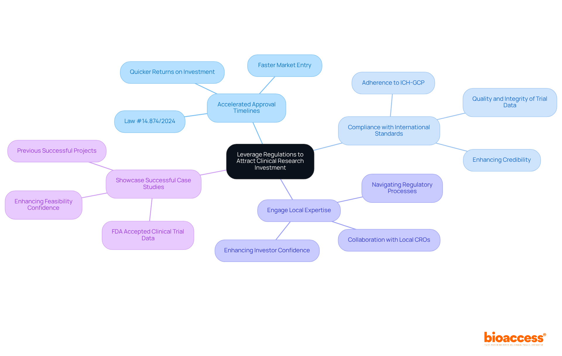 The central idea is about leveraging regulations to attract investment. Each branch represents a key strategy, and the sub-branches provide additional details. This layout helps you see how each strategy connects to the main goal.