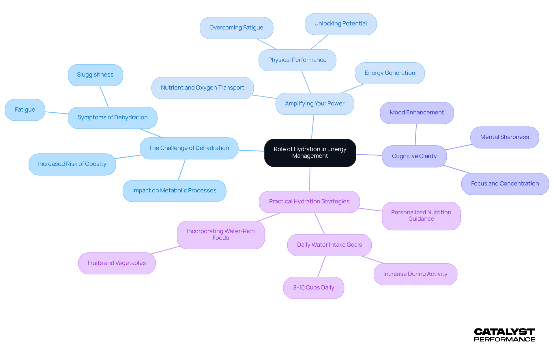The central node represents the main idea of hydration. Each branch shows a different aspect of hydration's role in health, with sub-branches providing more details or strategies related to that aspect.