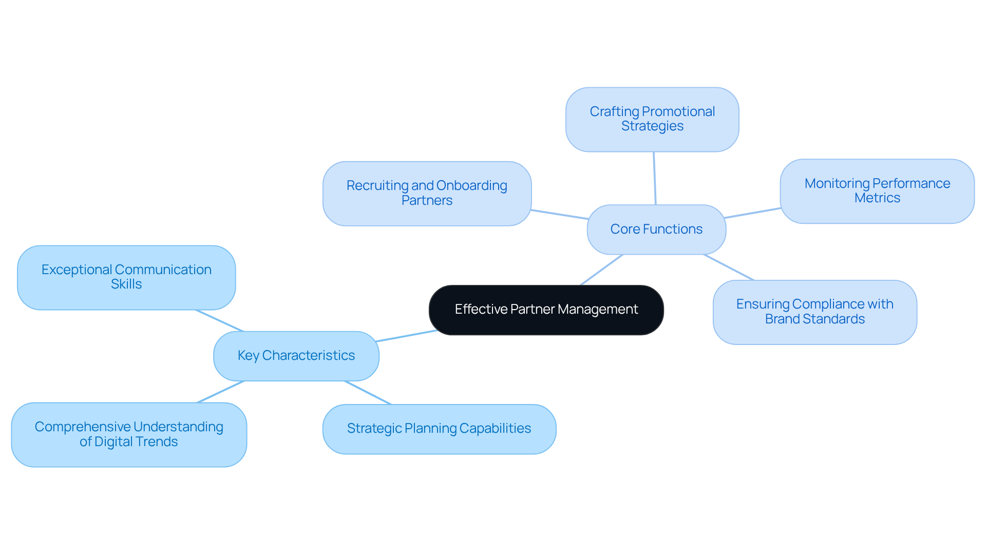 The central node represents the main topic of effective partner management. The branches show the key characteristics and core functions that contribute to successful partnerships. Each characteristic and function is a vital piece of the overall strategy, helping to visualize how they work together to maximize revenue and growth.