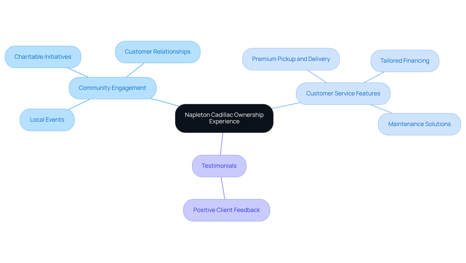 This mindmap illustrates how Napleton Cadillac enhances the ownership experience through community involvement, exceptional customer service, and positive testimonials. Each branch represents a key area of focus, showing how they all connect to create a strong relationship with customers. This mindmap illustrates how Napleton Cadillac enhances the ownership experience through community involvement, exceptional customer service, and positive testimonials. Each branch represents a key area of focus, showing how they all connect to create a strong relationship with customers.