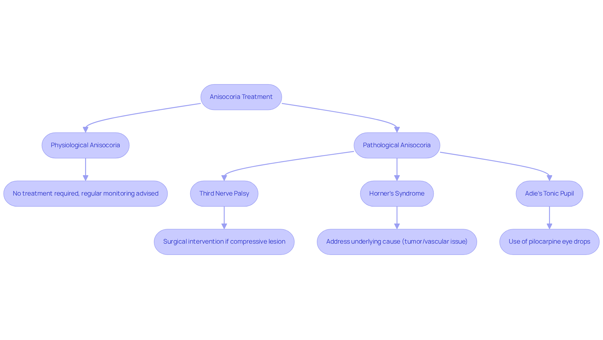This flowchart helps you understand the treatment options for anisocoria. Start at the top with the type of anisocoria, and follow the arrows to see what treatments are available based on the underlying causes.
