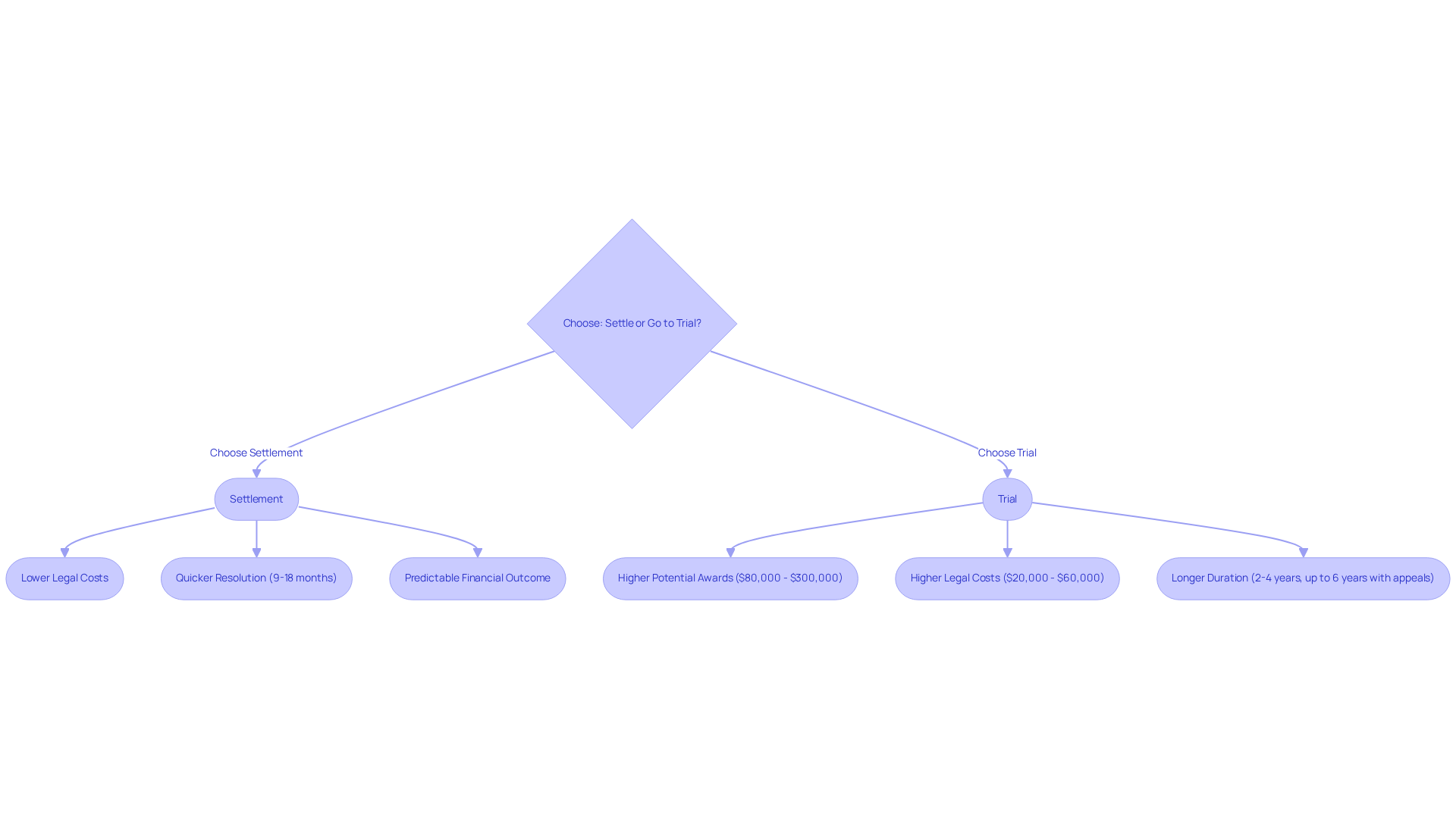 This flowchart helps you visualize the decision-making process between settling a case and going to trial. Each path shows the costs, timelines, and potential outcomes, making it easier to understand the implications of your choice.