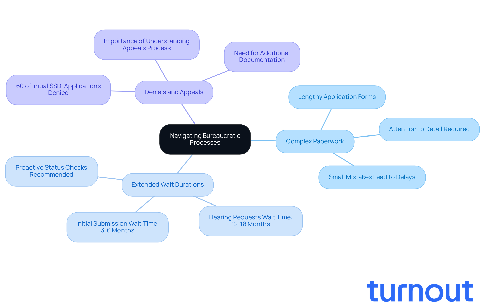 The central node represents the overall theme of navigating bureaucratic processes, while the branches show specific challenges. Each sub-point provides additional context to help you understand what to expect and how to prepare. The central node represents the overall theme of navigating bureaucratic processes, while the branches show specific challenges. Each sub-point provides additional context to help you understand what to expect and how to prepare.