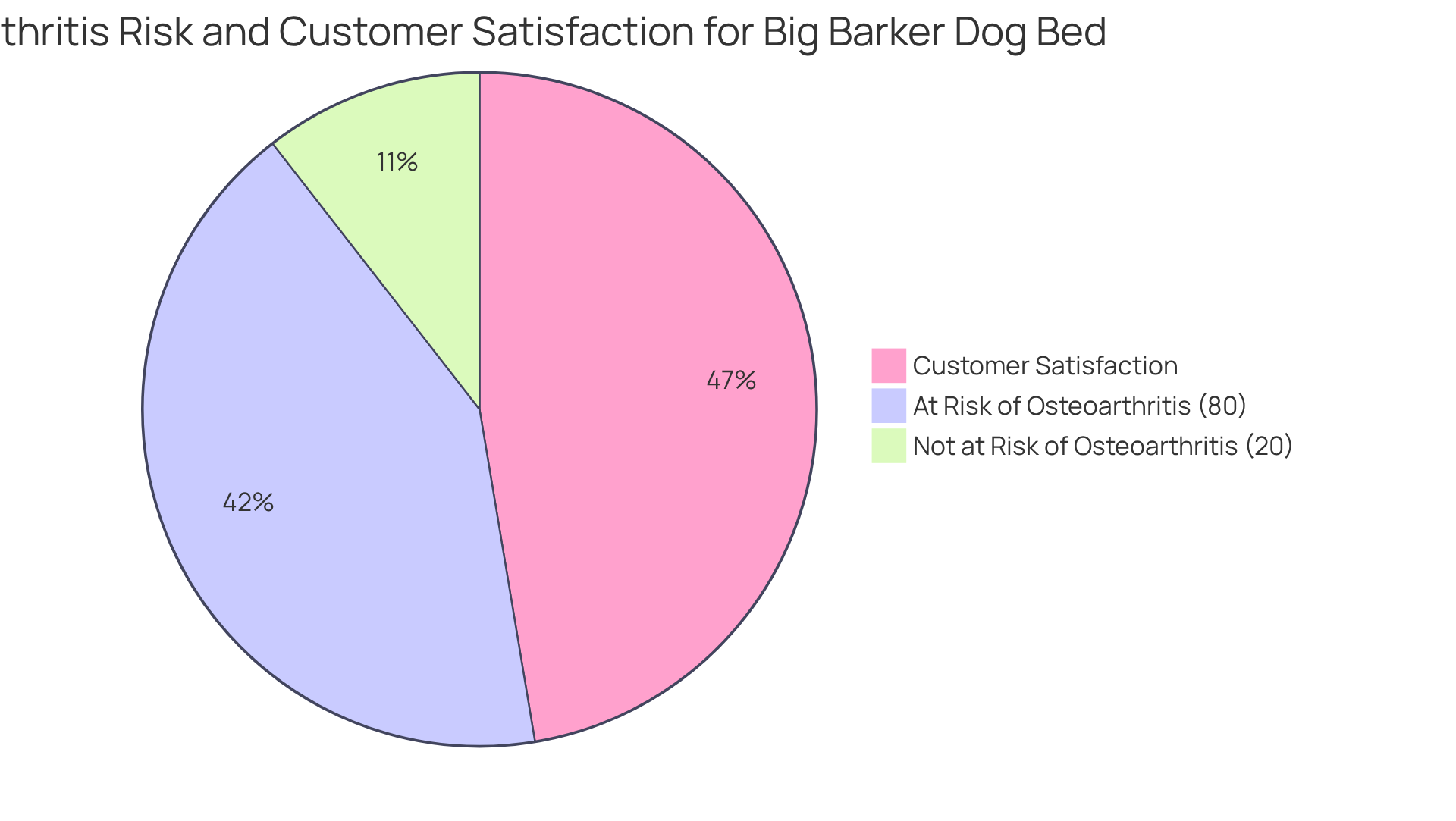 This chart shows the risk of osteoarthritis in dogs. The larger red slice means many dogs are at risk, while the smaller green slice shows those not at risk. The blue slice represents the percentage of happy customers who love the Big Barker bed! This chart shows the risk of osteoarthritis in dogs. The larger red slice means many dogs are at risk, while the smaller green slice shows those not at risk. The blue slice represents the percentage of happy customers who love the Big Barker bed!