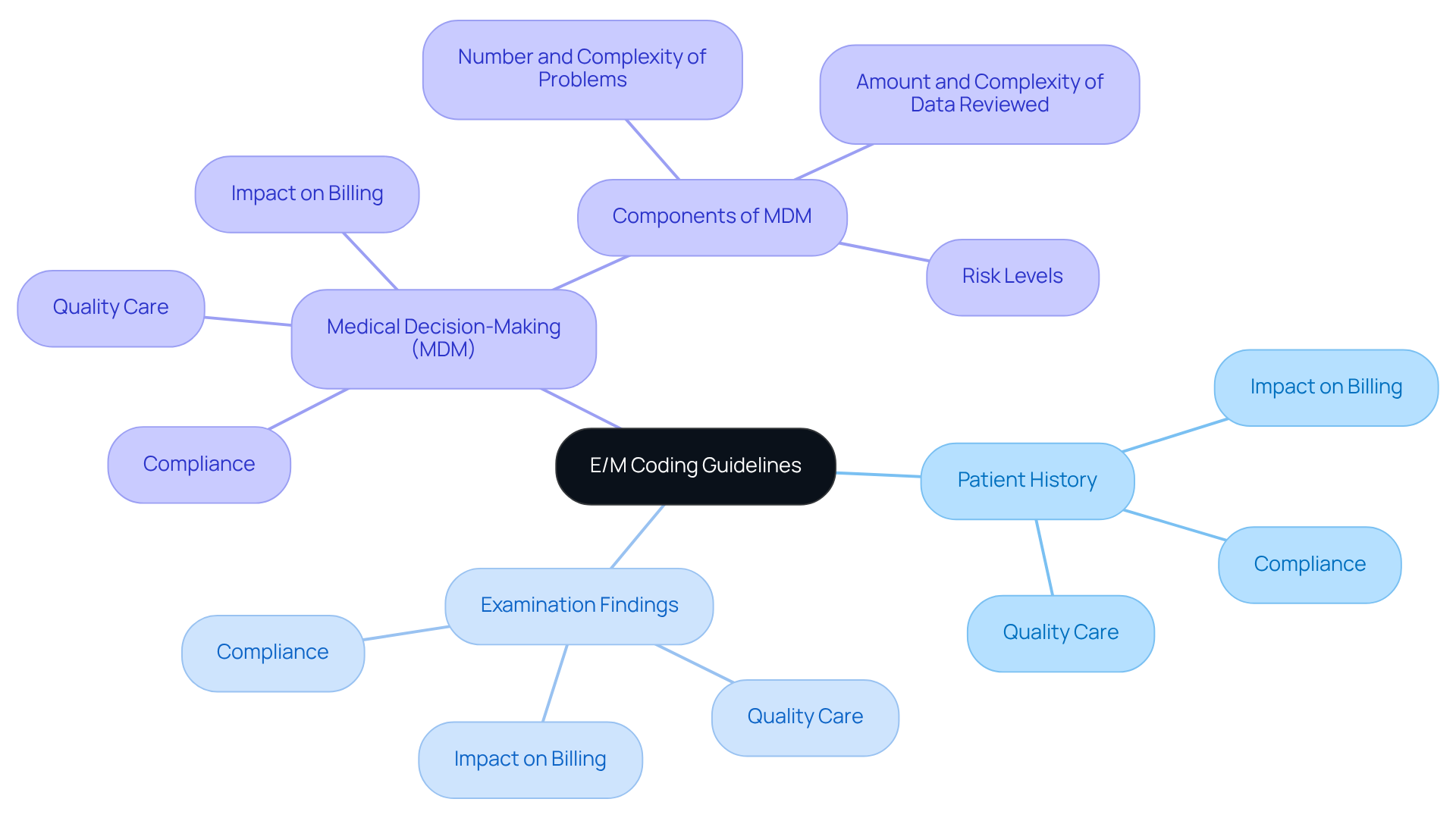 The center represents the main guidelines, while the branches show the essential components and their significance in healthcare documentation. Follow the branches to see how each part contributes to accurate billing and compliance. The center represents the main guidelines, while the branches show the essential components and their significance in healthcare documentation. Follow the branches to see how each part contributes to accurate billing and compliance.