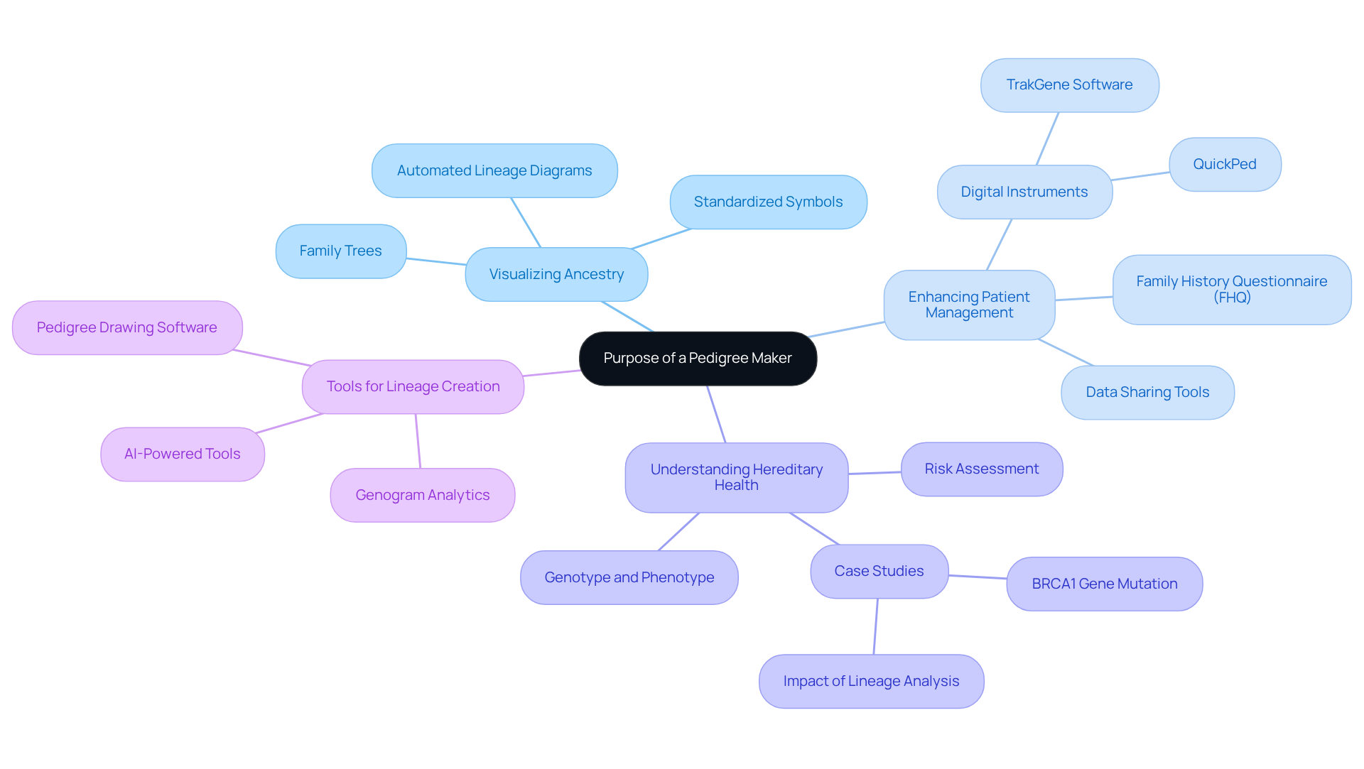 The central node represents the main topic, while the branches show different aspects of how pedigree makers are used in healthcare. Each sub-branch provides more detail on specific tools or concepts, helping you see how they connect to the overall purpose.