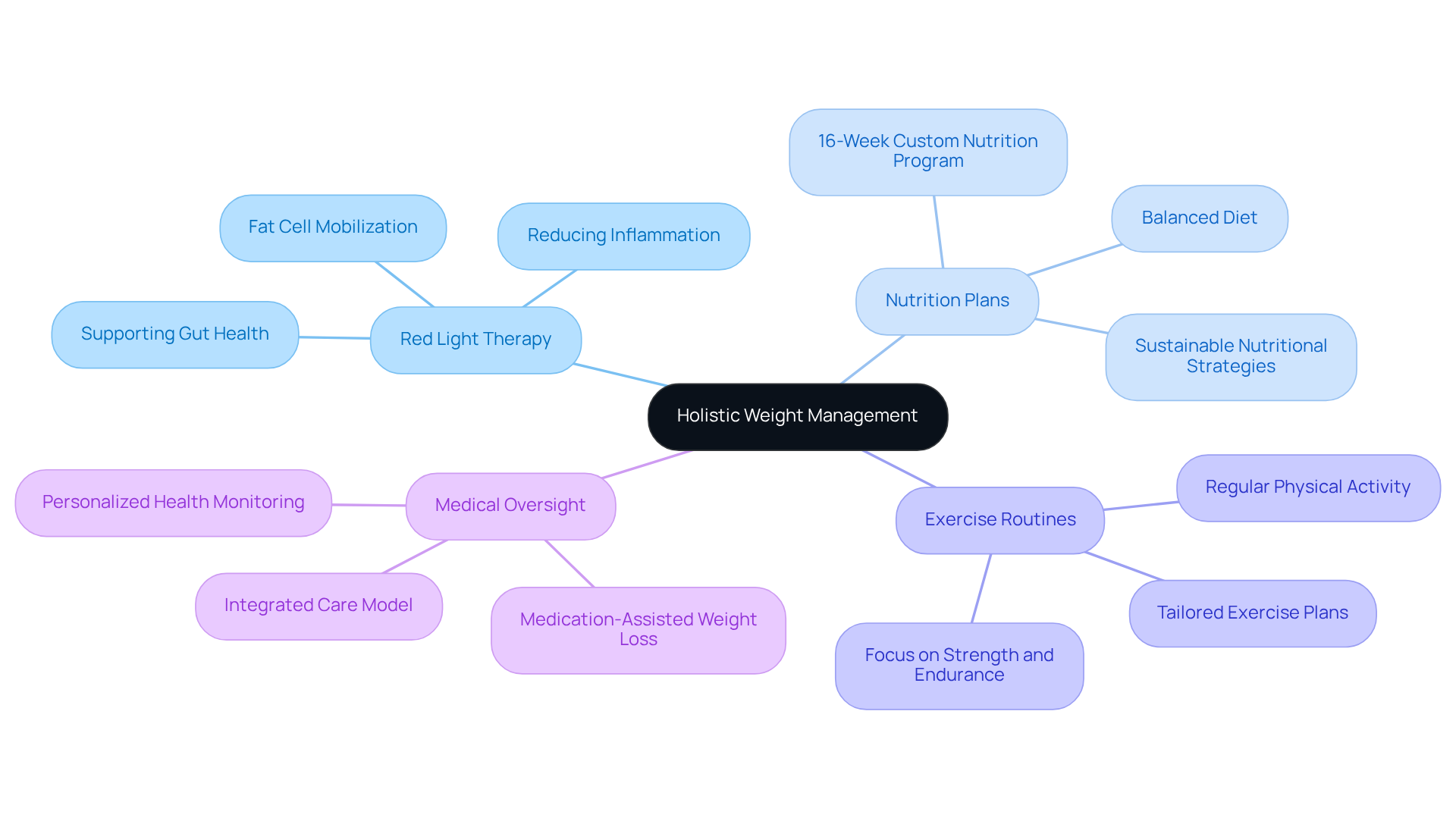 The central node represents the overall strategy, while the branches show the key components that work together to support your weight loss journey. Each color-coded branch highlights a different aspect of the approach, making it easy to see how they connect.