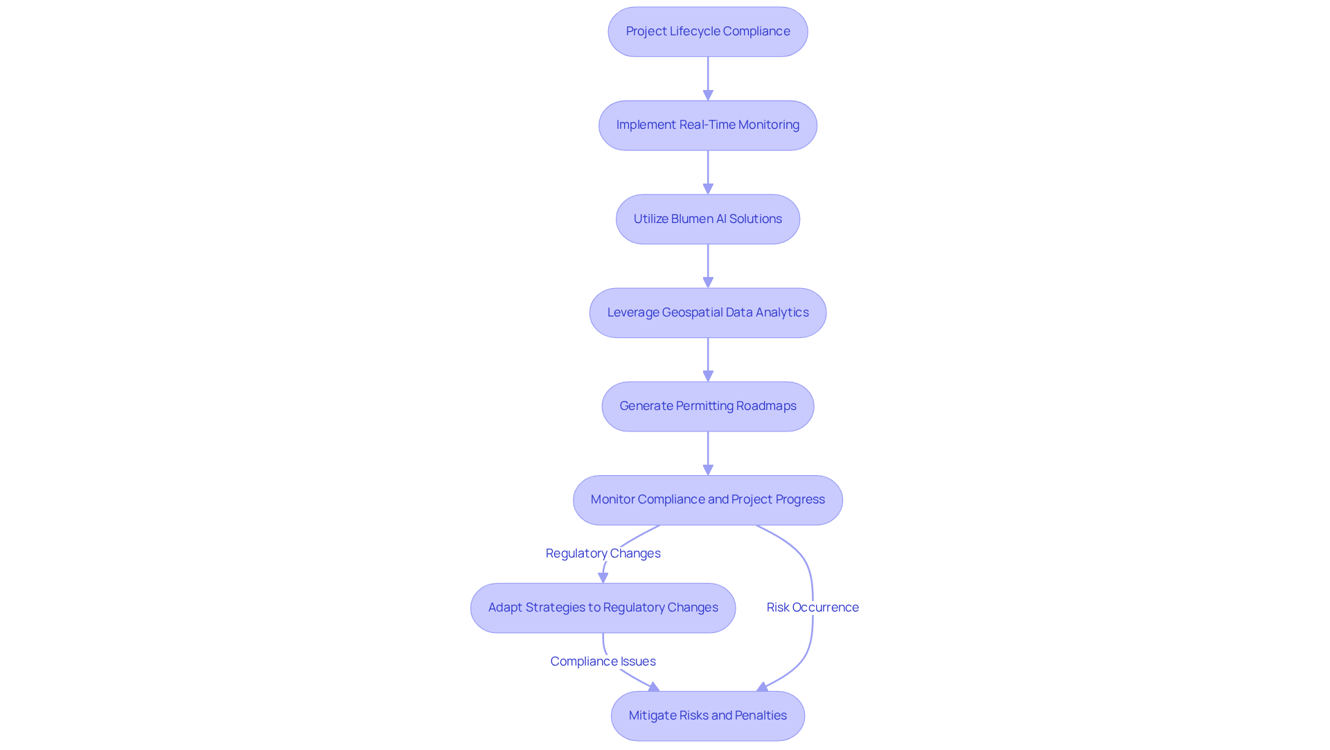 Follow the arrows to see how each step in the compliance process connects. Each box represents an action or decision that helps ensure adherence to regulations throughout the project lifecycle.