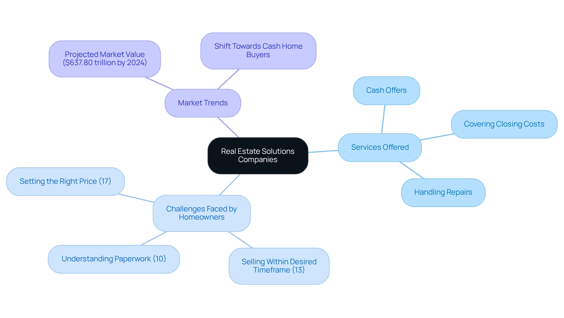 The central node represents the main topic, with branches detailing services, challenges, and market trends, each color-coded for clarity.