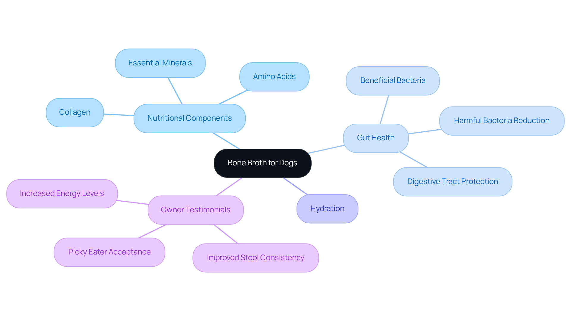 The central node represents bone broth, while the branches show its various benefits. Each color-coded branch helps you see how different aspects contribute to your dog's gut health.