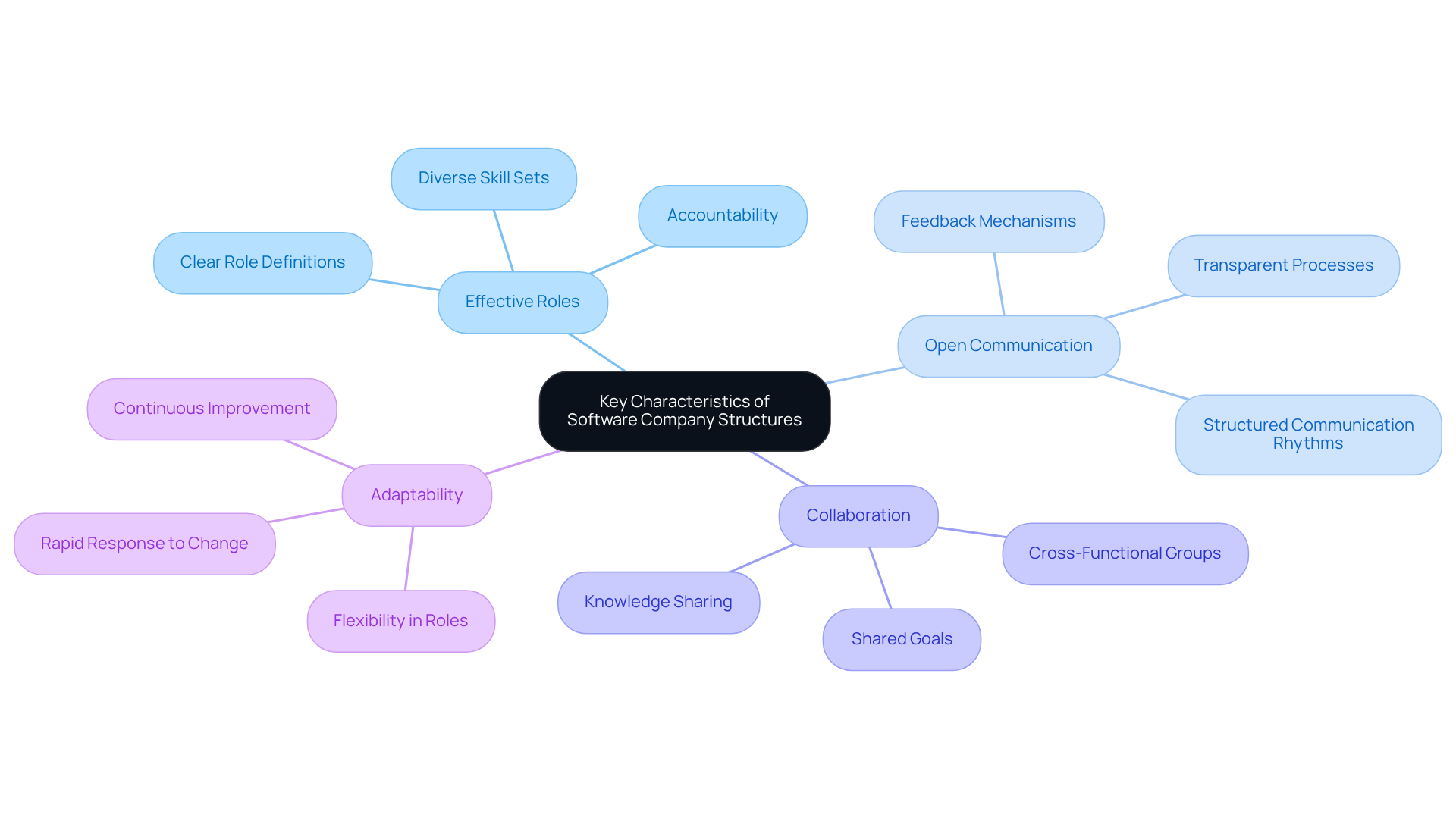 This mindmap illustrates the essential traits that define successful software companies. Start at the center with the main characteristics, then explore how each one branches into specific elements that contribute to overall effectiveness and innovation. This mindmap illustrates the essential traits that define successful software companies. Start at the center with the main characteristics, then explore how each one branches into specific elements that contribute to overall effectiveness and innovation.