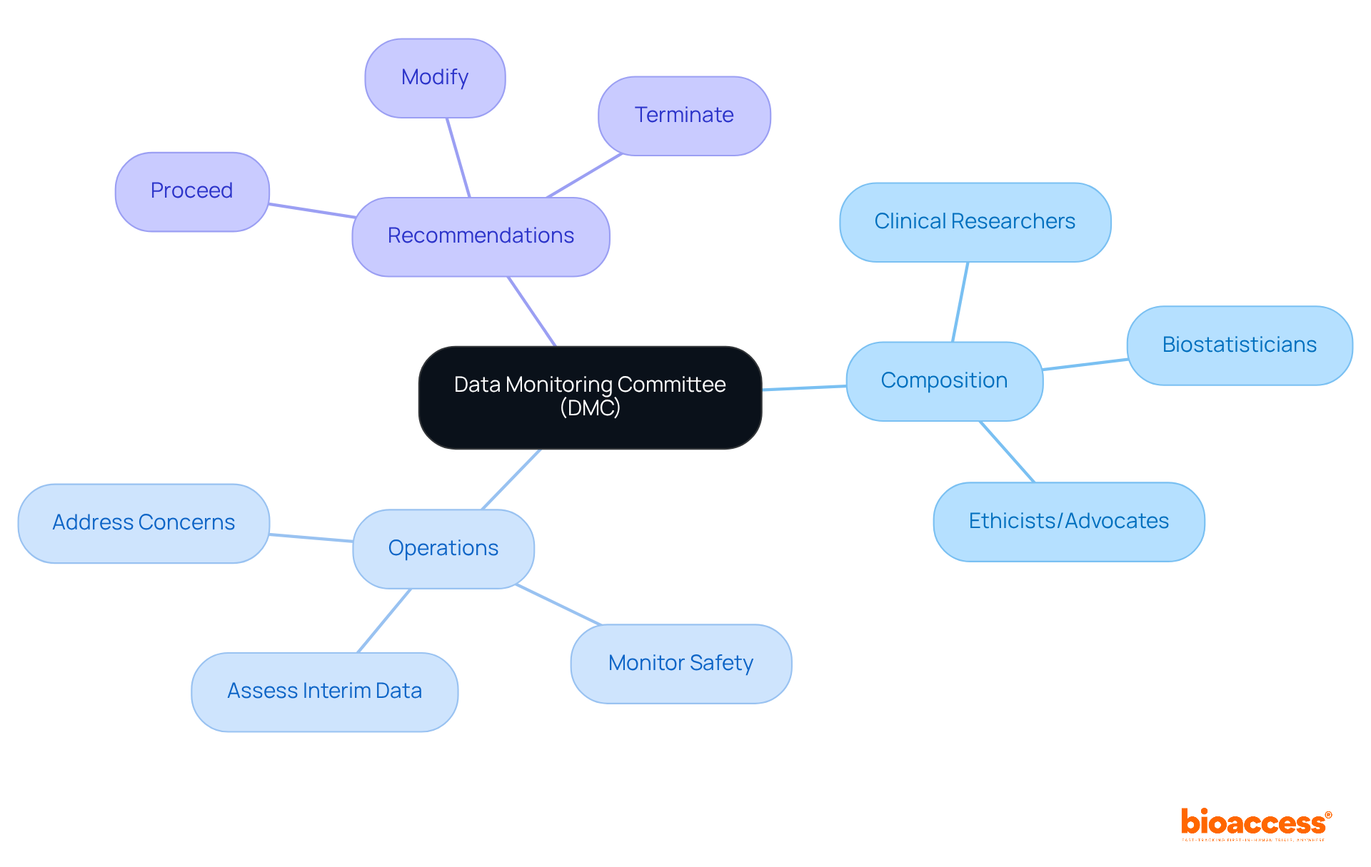 The central node represents the Data Monitoring Committee, with branches showing its composition, operations, and recommendations. Each branch breaks down into specific roles or actions, helping you see how everything connects.