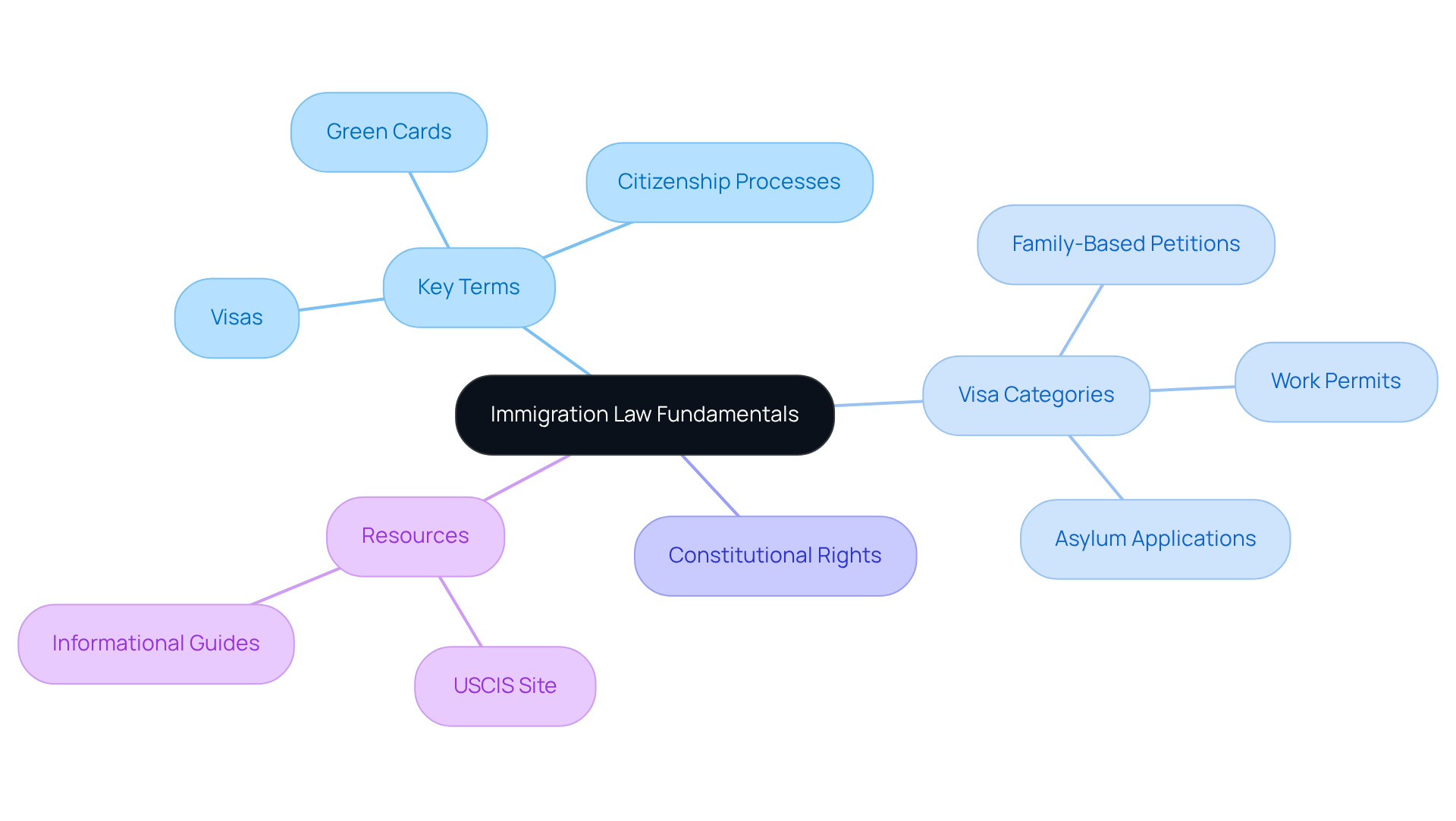 Start at the center with the main topic, then explore the branches to learn about key terms, visa categories, rights, and helpful resources. Each branch represents a different aspect of immigration law, making it easier to grasp the overall picture.